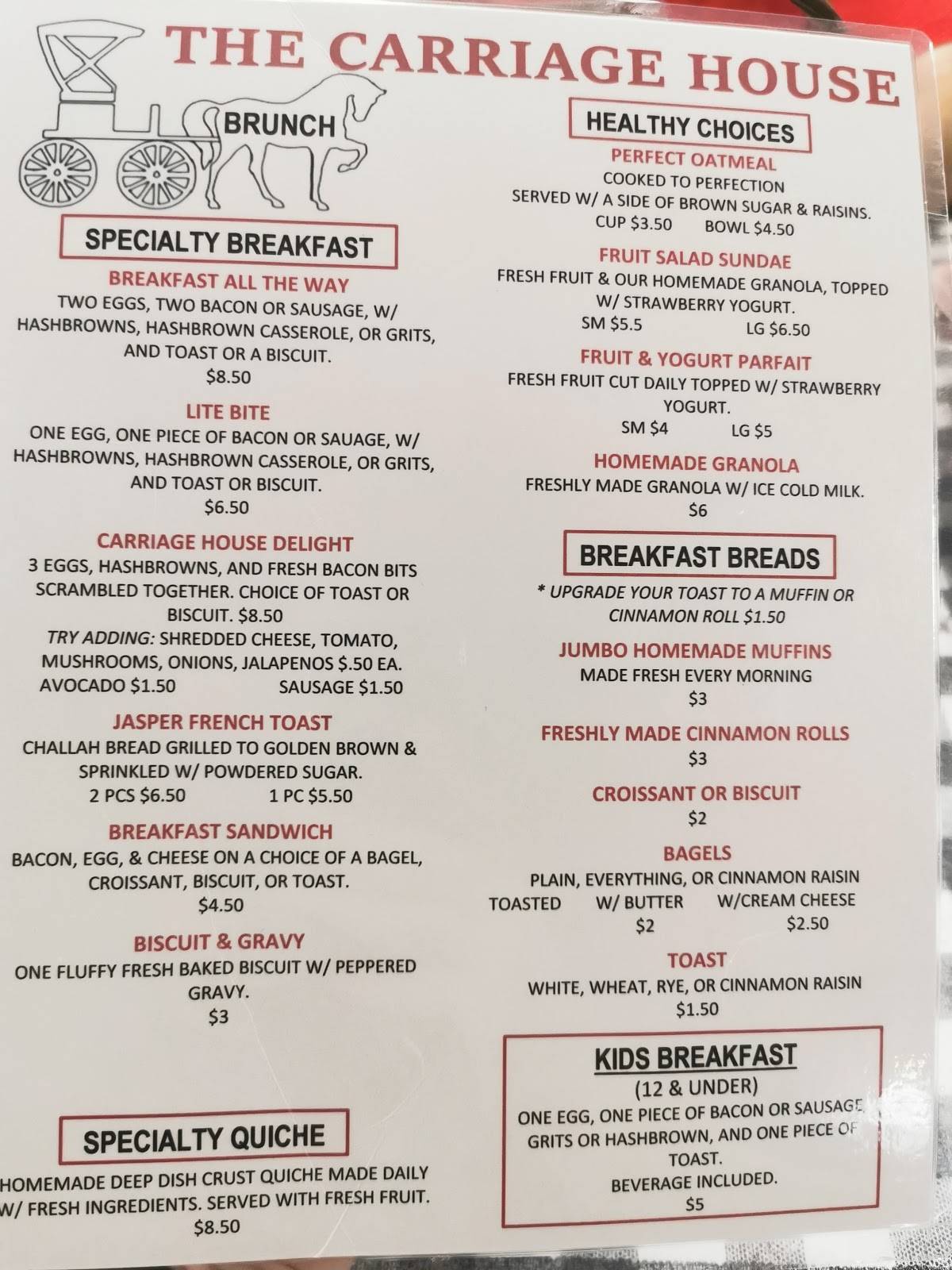 Menu at The Carriage House Restaurant, Jasper