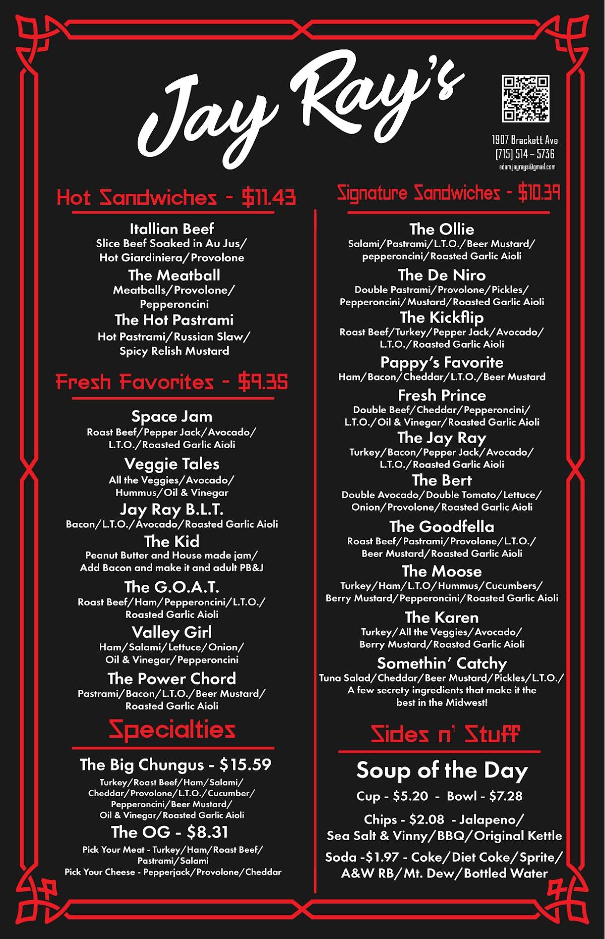 Menu at Jay Ray's restaurant, Eau Claire