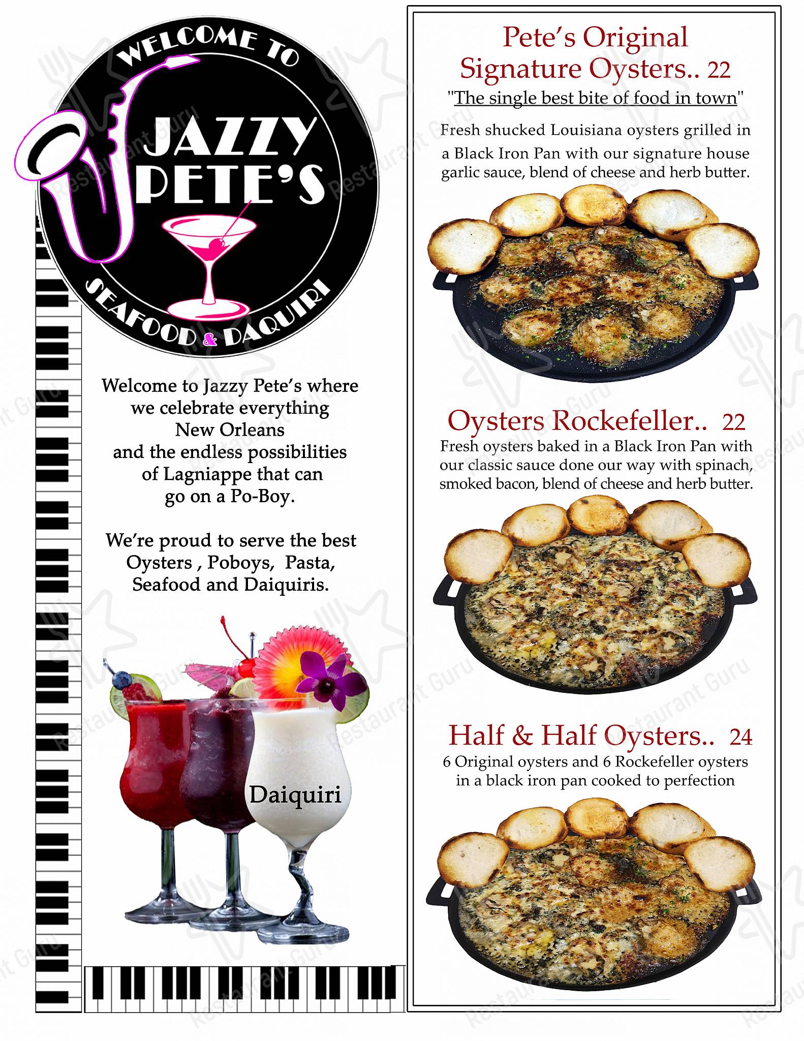 Menu at Jazzy Pete's Poboys restaurant, Slidell