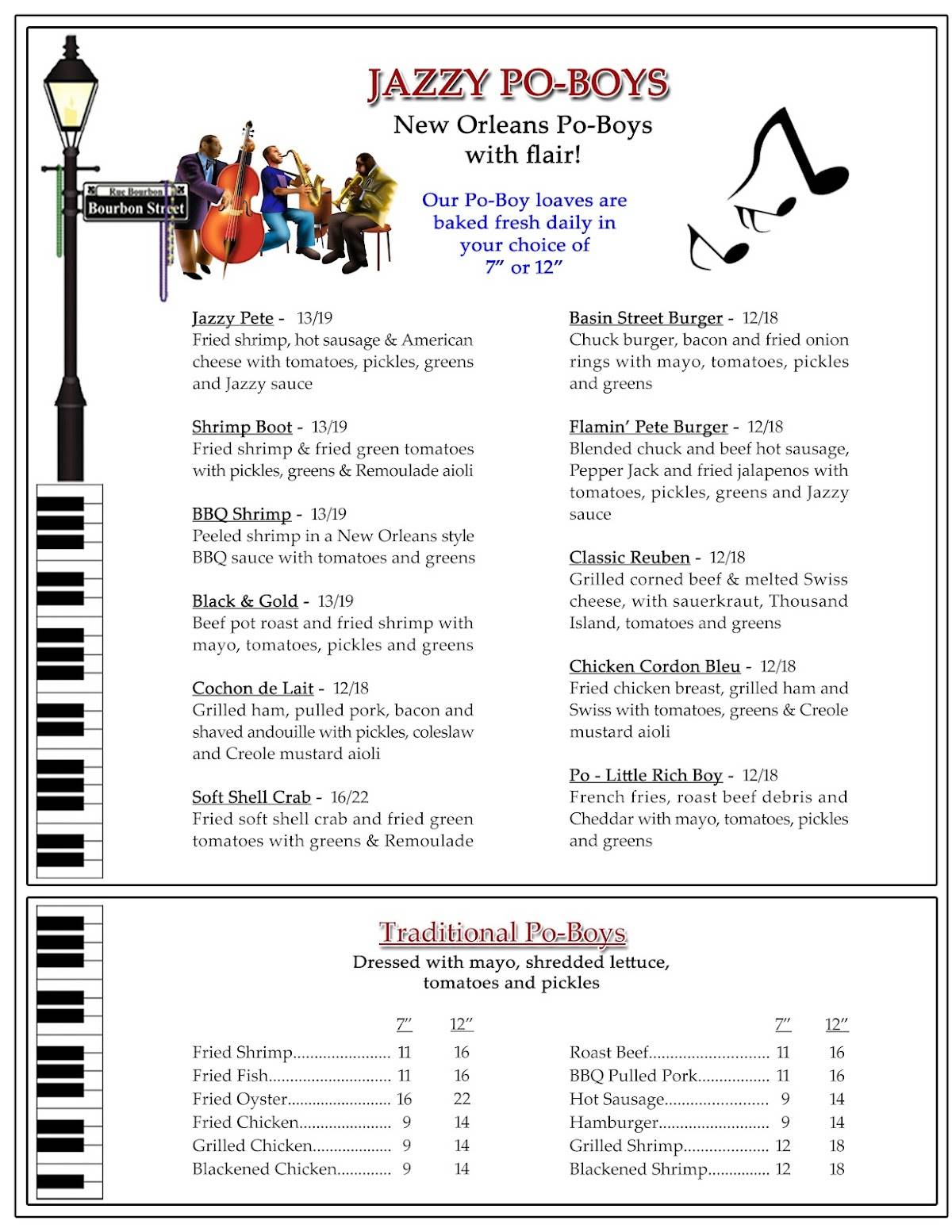 Menu at Jazzy Pete's Poboys restaurant, Slidell