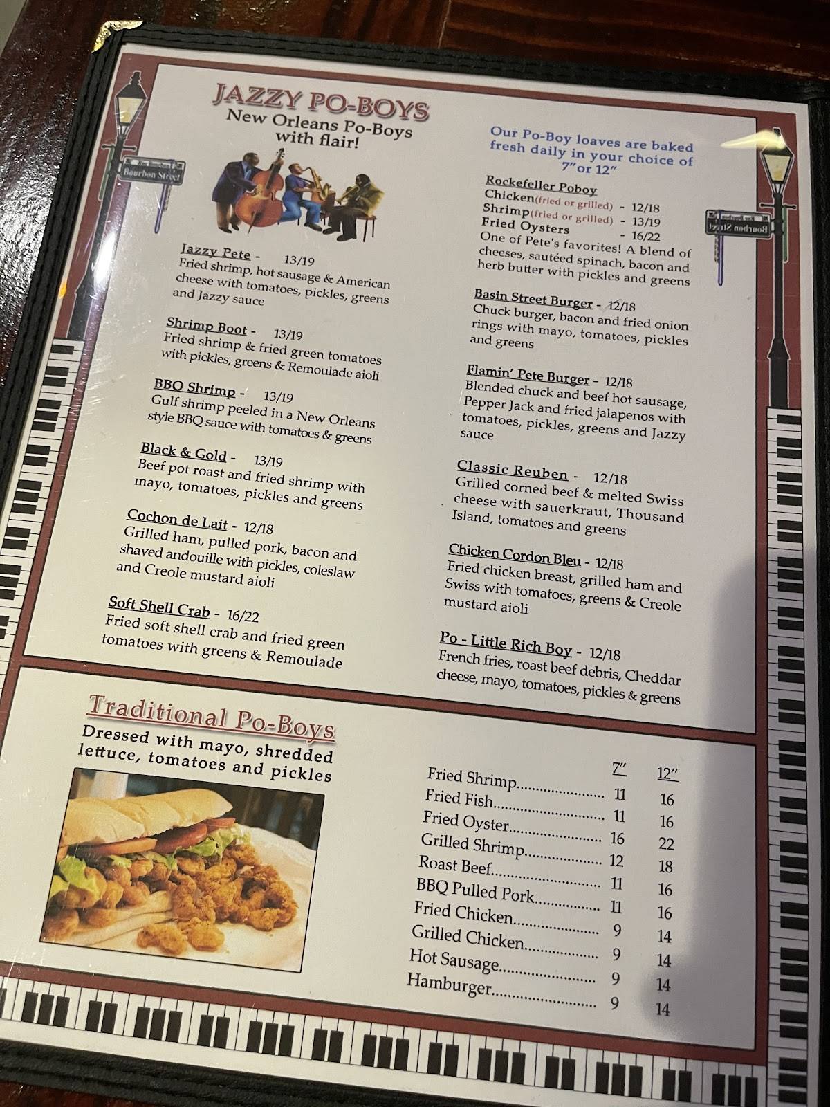 Menu at Jazzy Pete's Poboys restaurant, Slidell