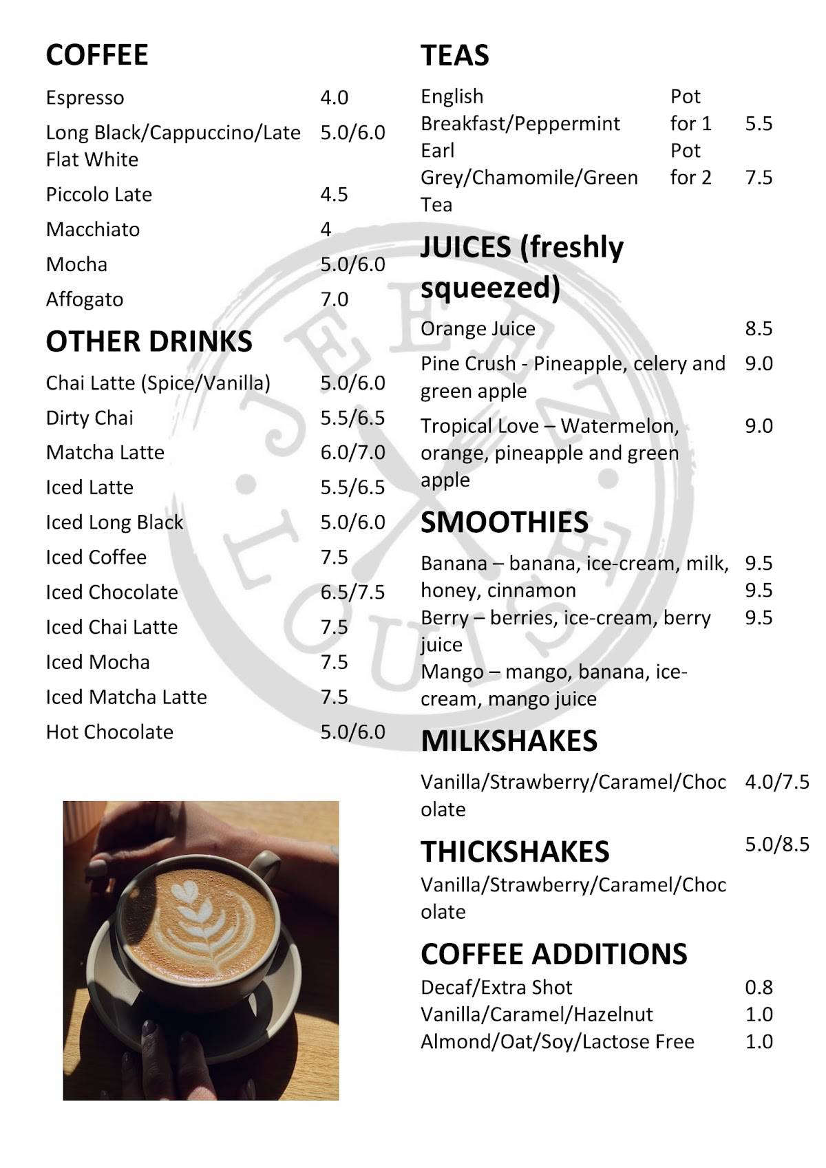 Menu at Jeeez Louise cafe, Walkerville