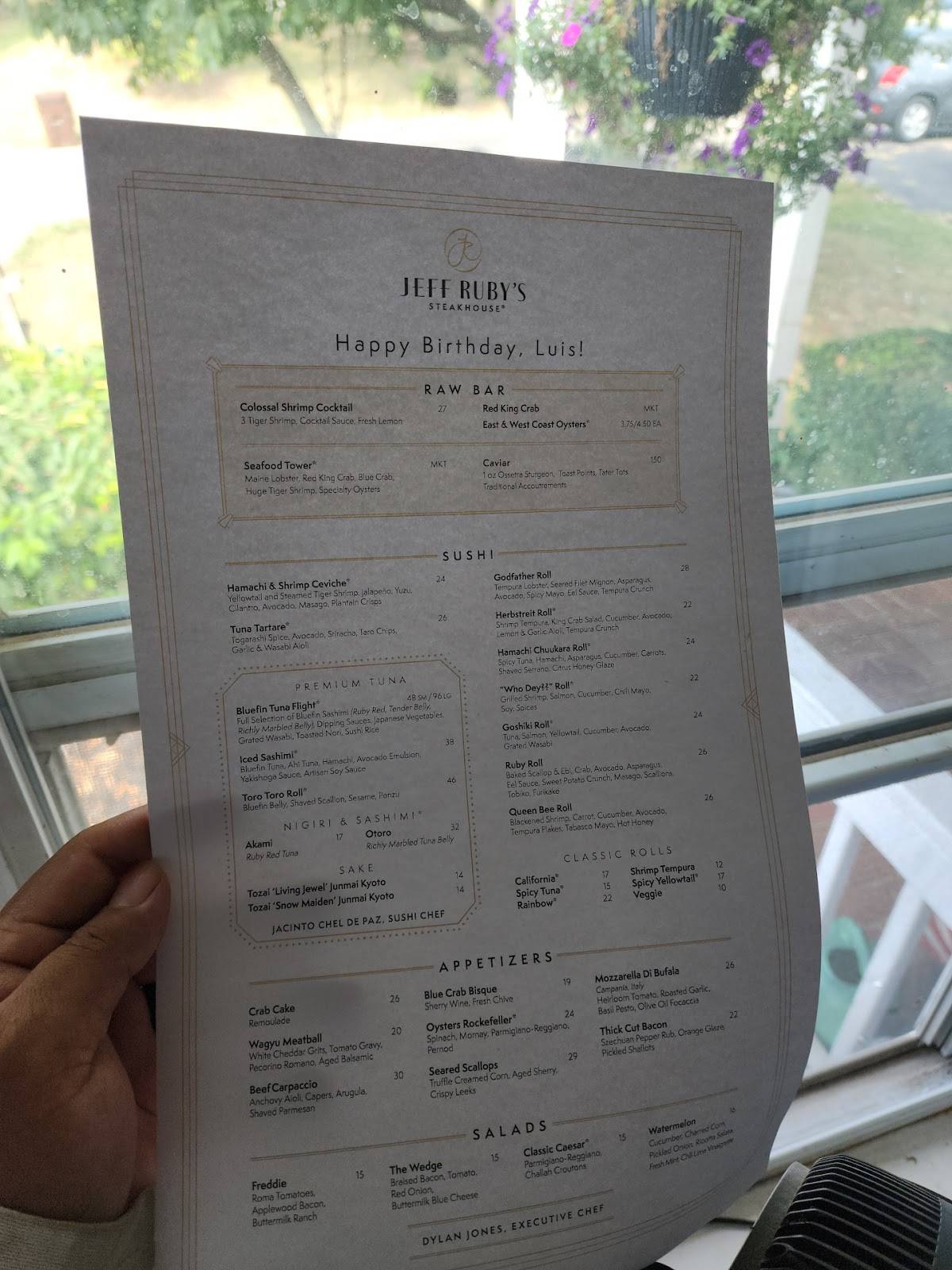 Menu at Jeff Ruby's Steakhouse, Cincinnati, 505 Vine St