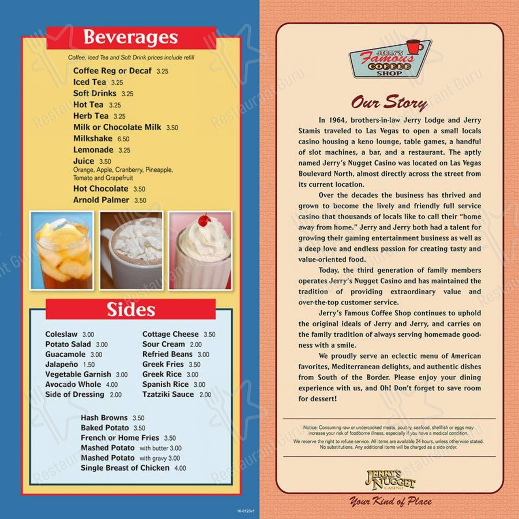 Menu at Jerry's Famous Coffee Shop cafe, North Las Vegas