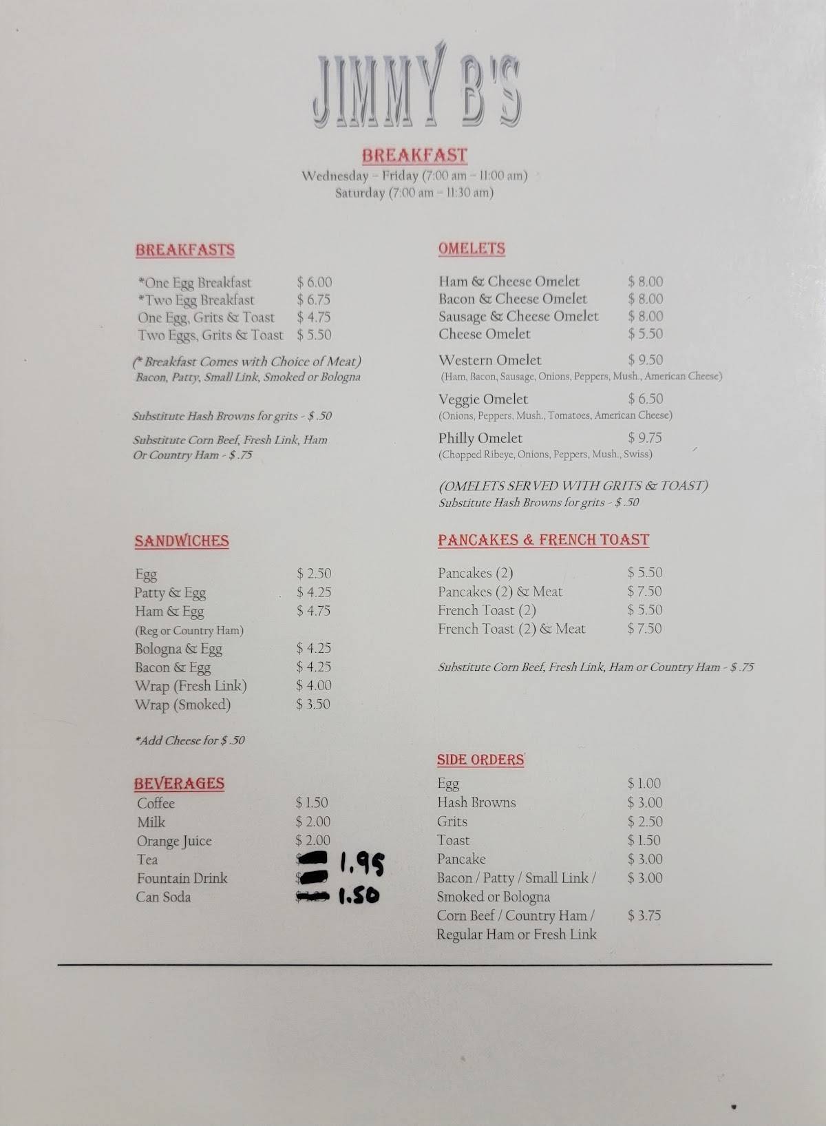 Menu at Jimmy B's restaurant, Marion, US-76