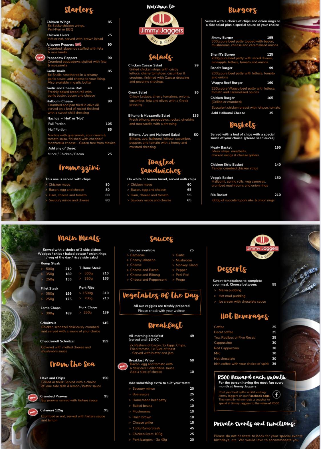 Menu at Jimmy Jaggers Restaurant, Parys