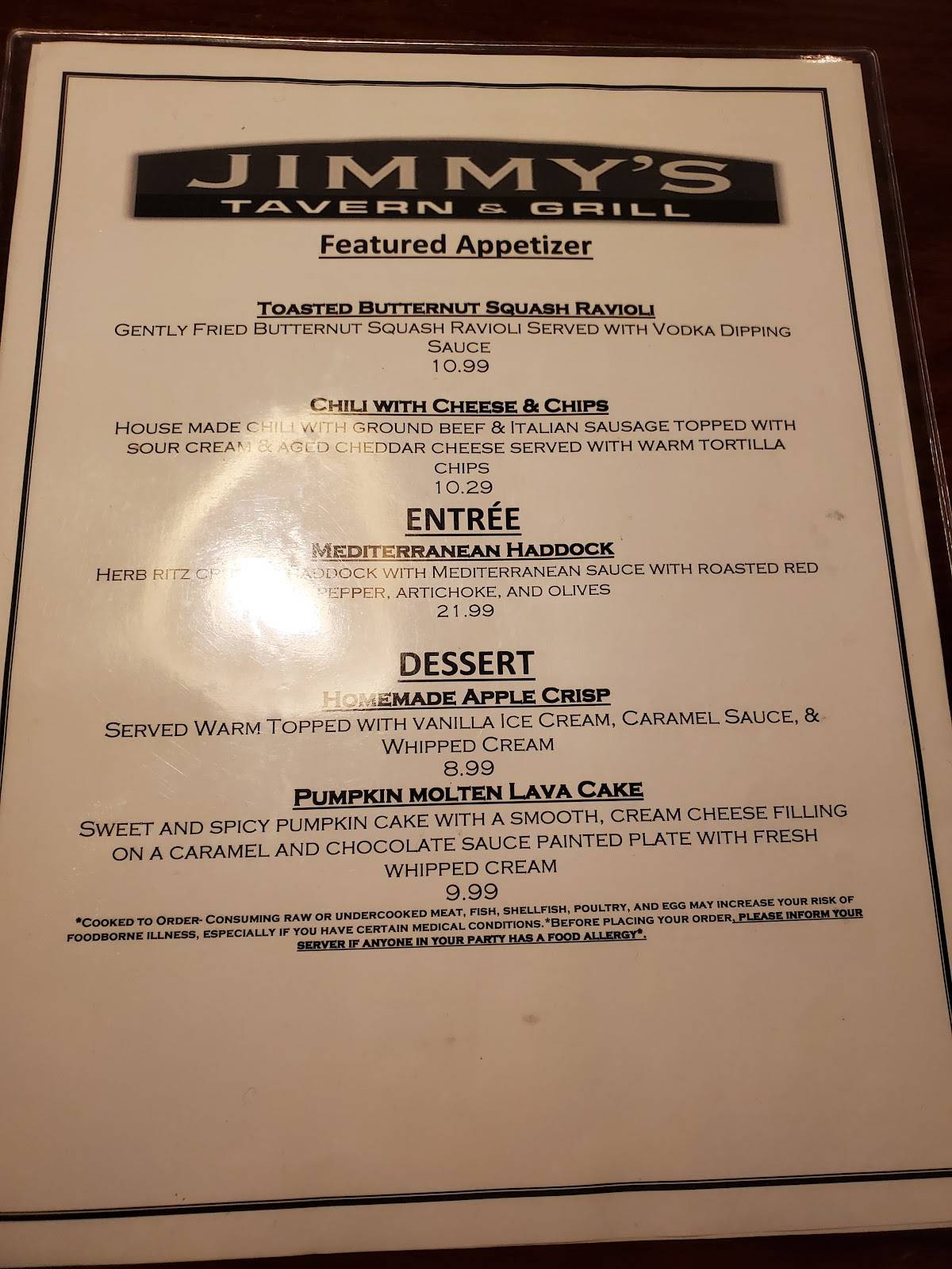 Menu at Jimmy's Tavern & Grill steakhouse, Shrewsbury