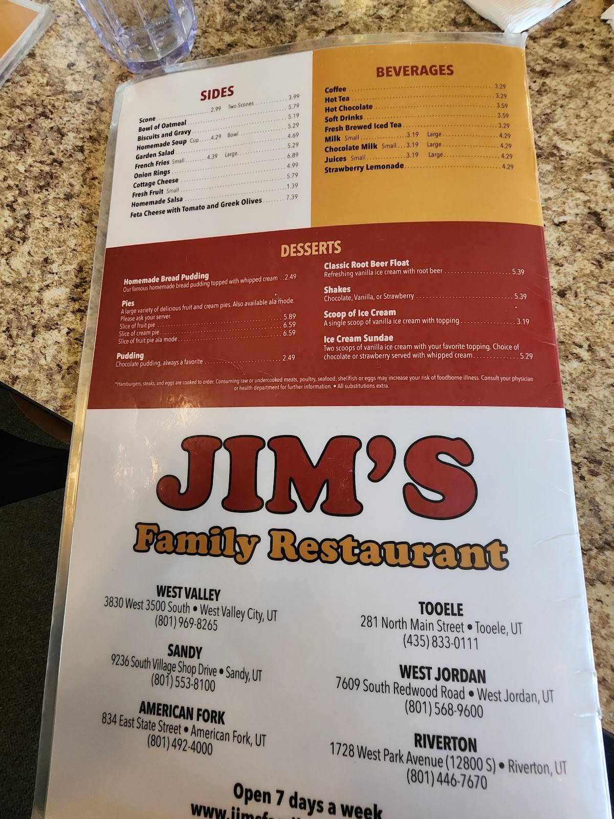 Menu at Jim's restaurant, West Valley City, W 3500 S