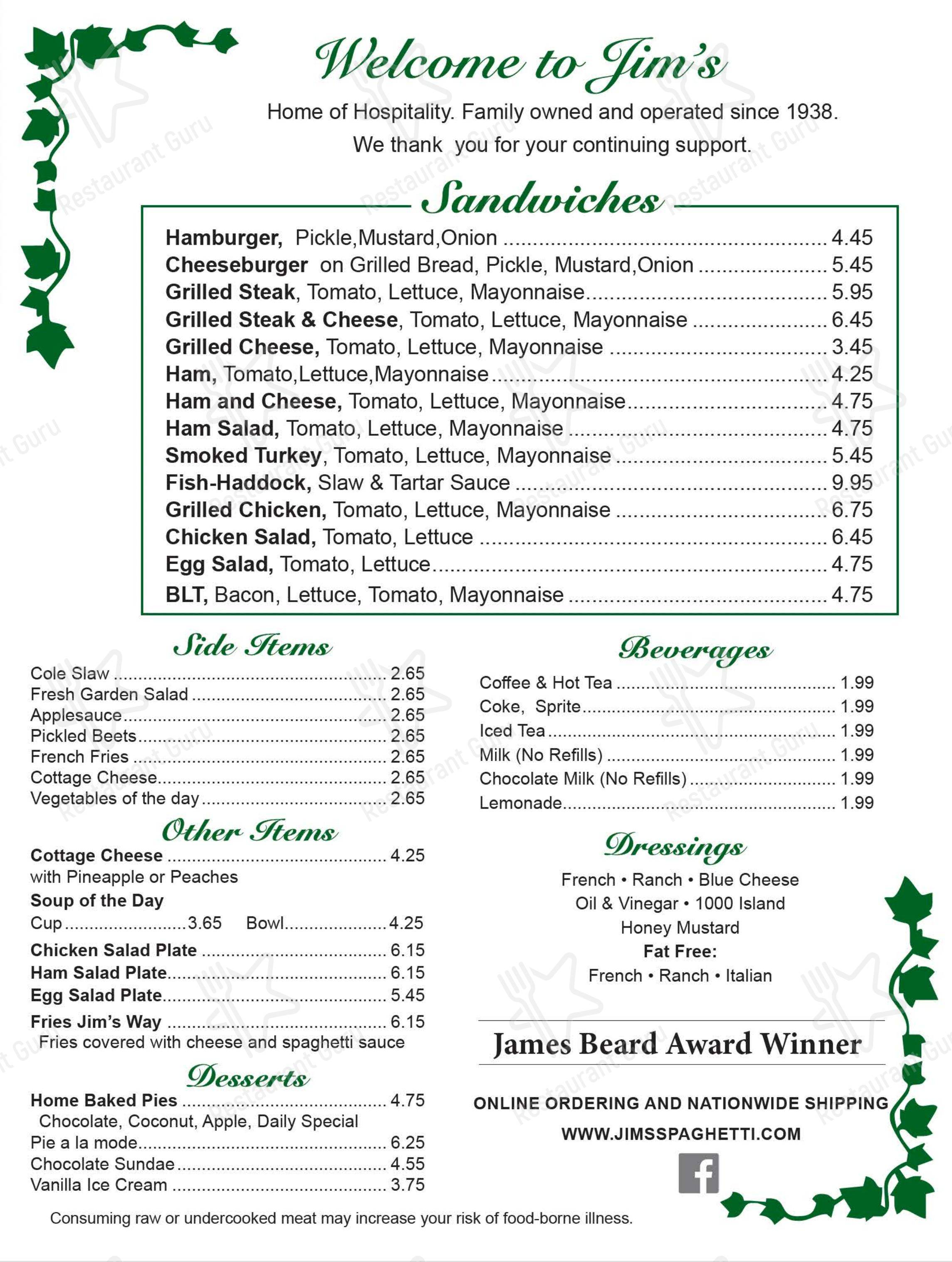 Menu at Jim's Steak & Spaghetti House restaurant, Huntington
