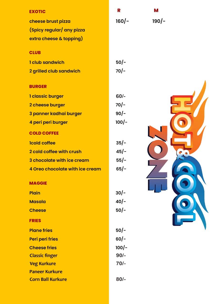 Menu at Hot & Cool Zone, Jintur