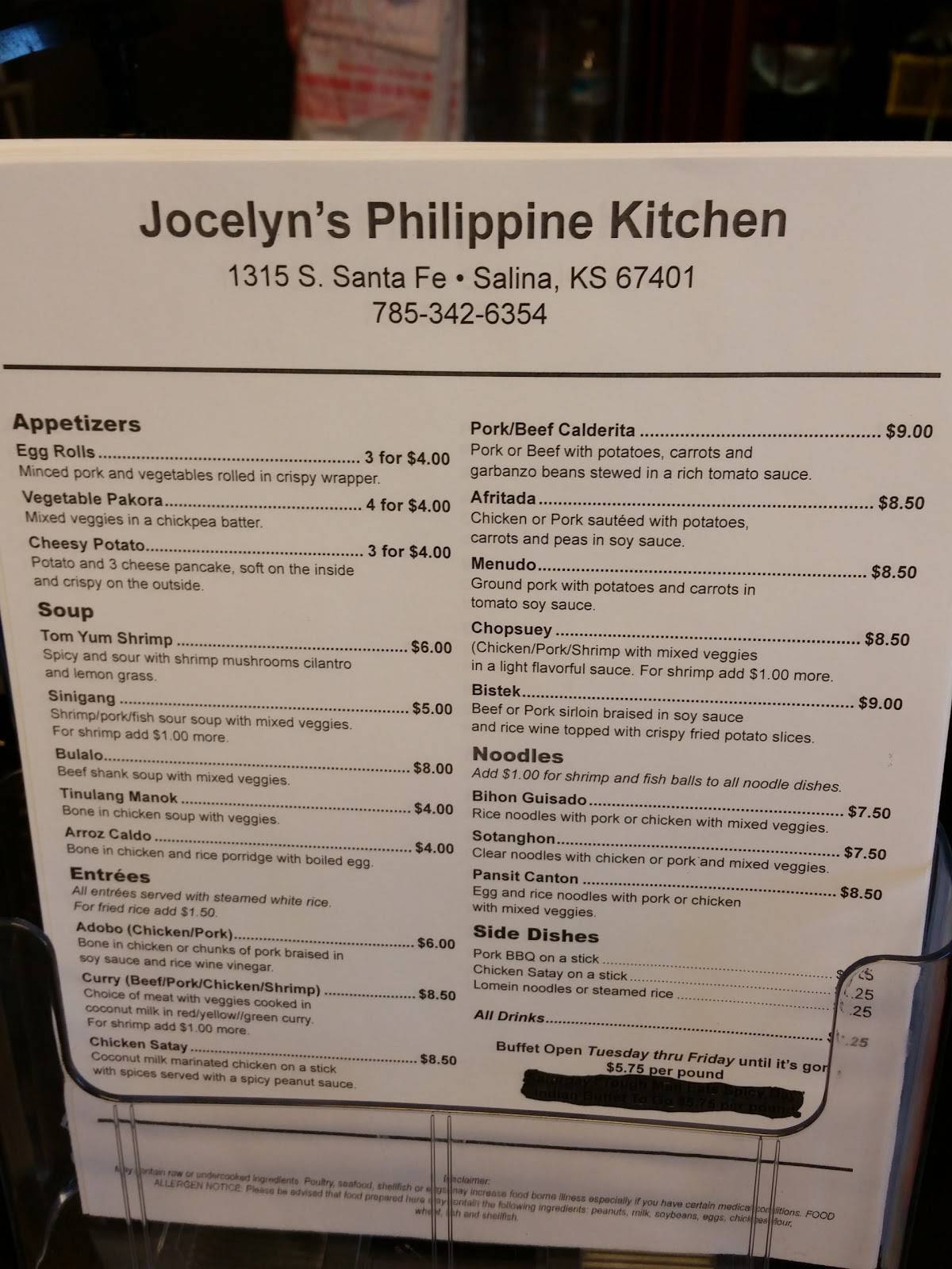 Menu at Jocelyn's Philippine Kitchen restaurant, Salina, S Santa Fe Ave