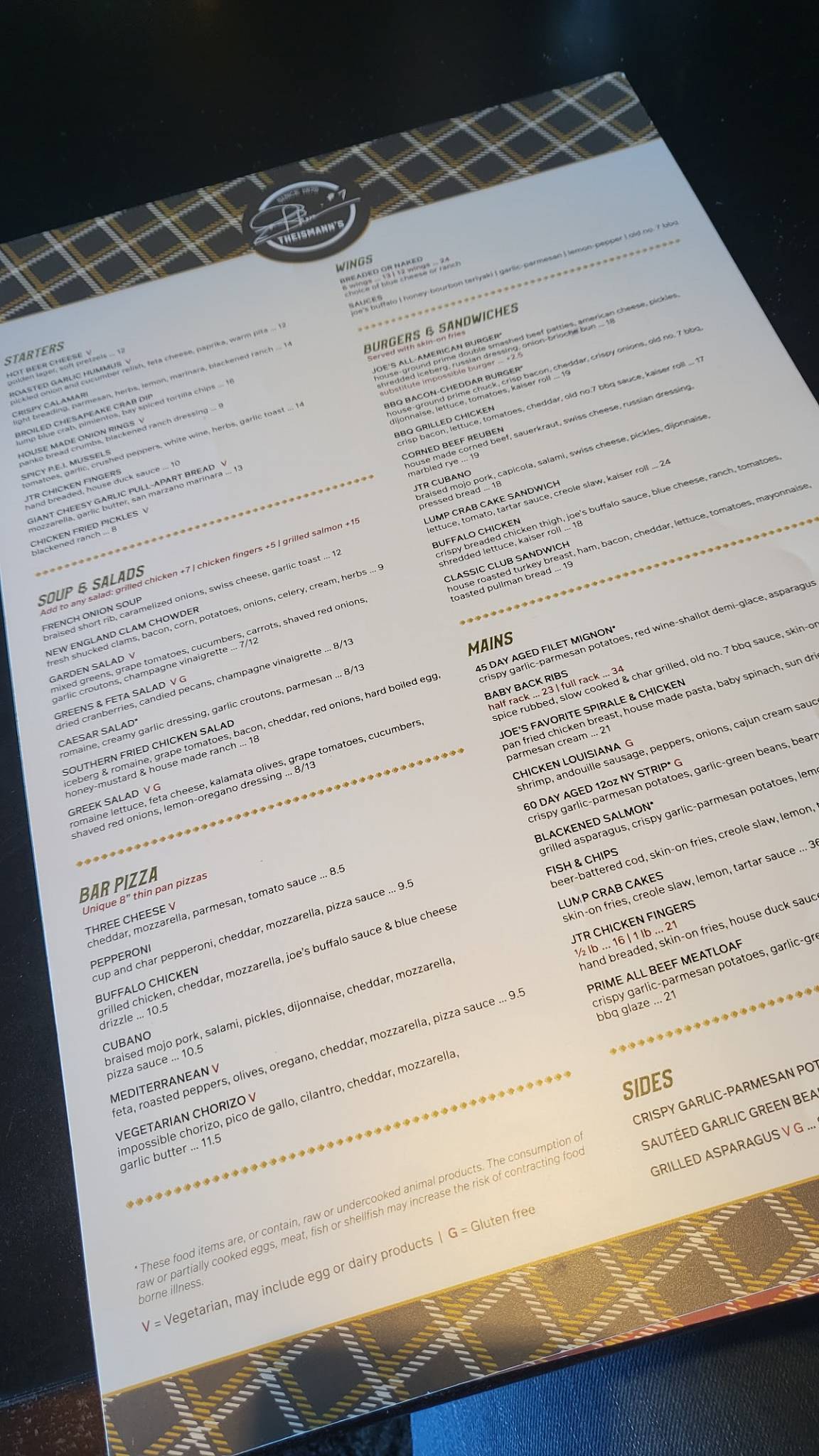 Menu at Joe Theismann's Restaurant, Alexandria