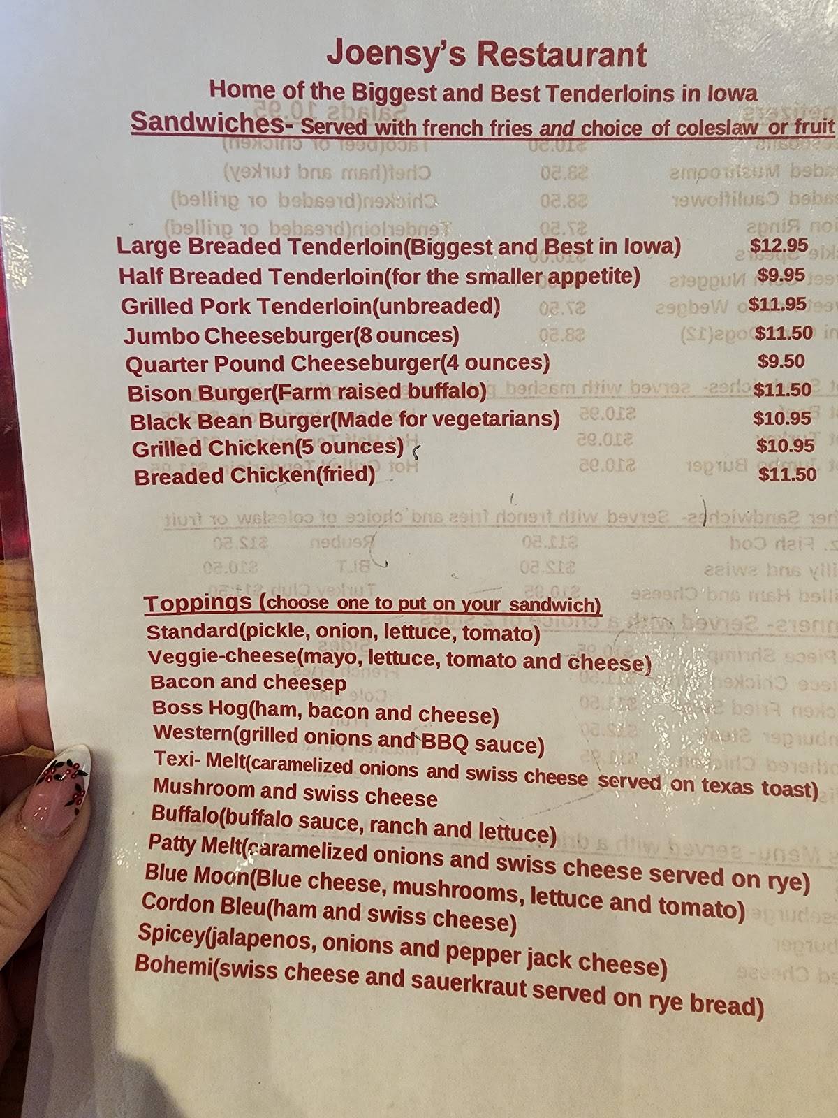 Menu at Joensy's Restaurant, Iowa City