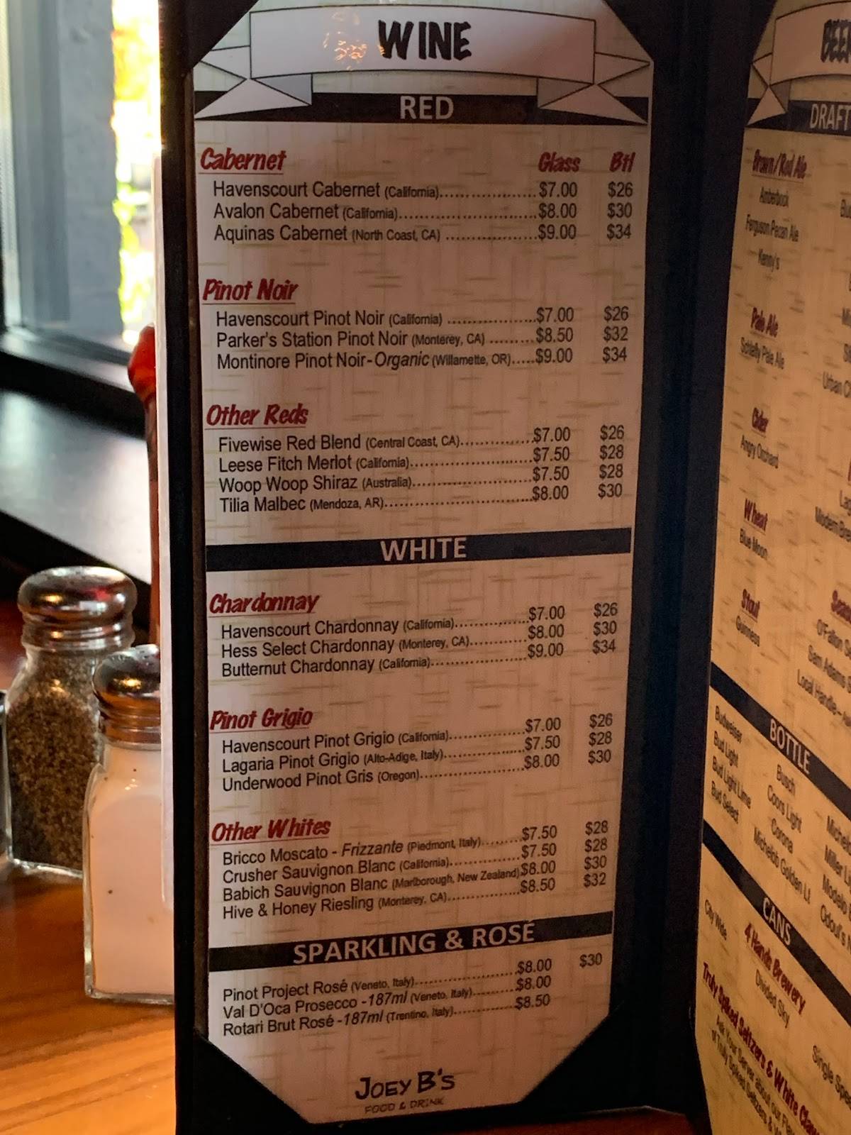 Menu at Joey B's Food & Drink Manchester pub & bar, Manchester