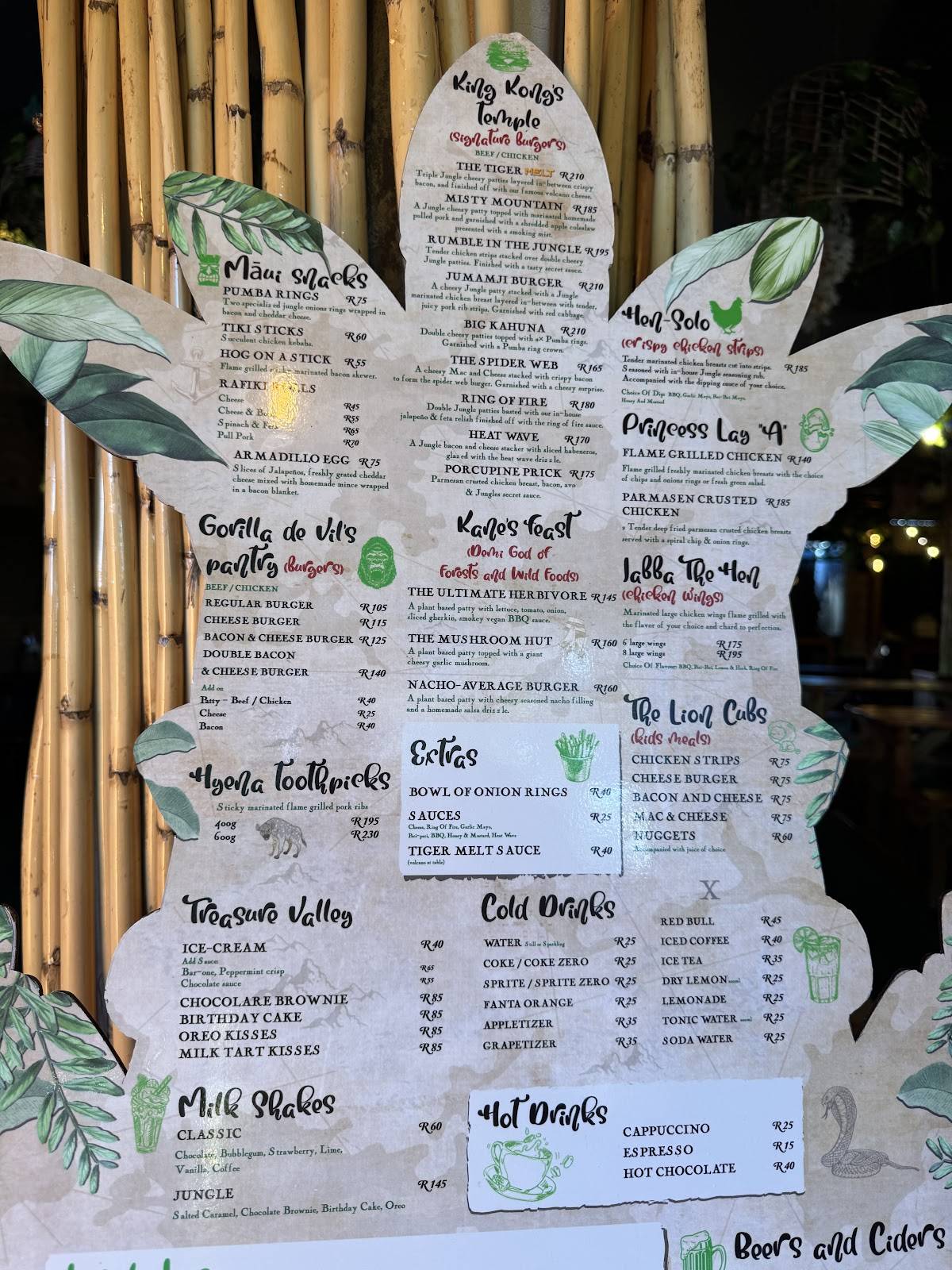 Menu at Jungle restaurant, Johannesburg