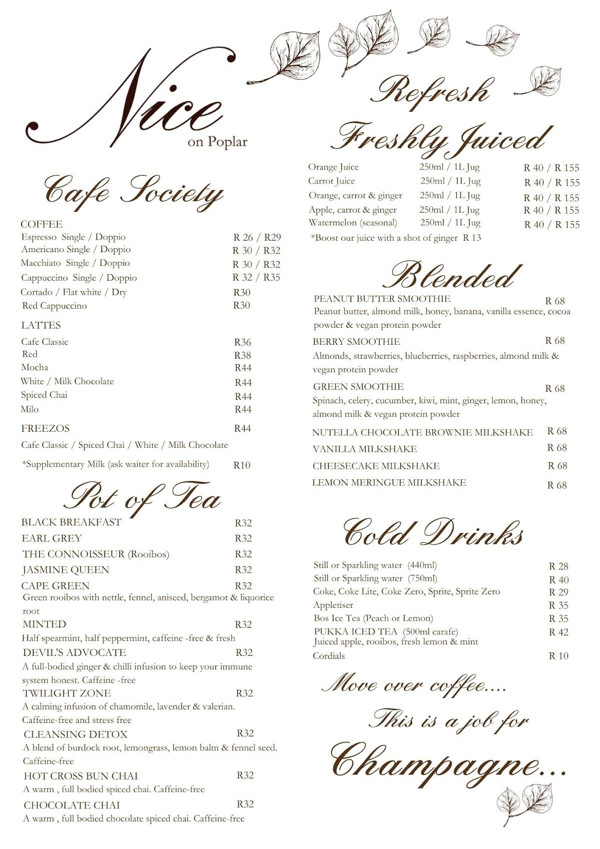 Menu at Nice on Poplar restaurant, Johannesburg