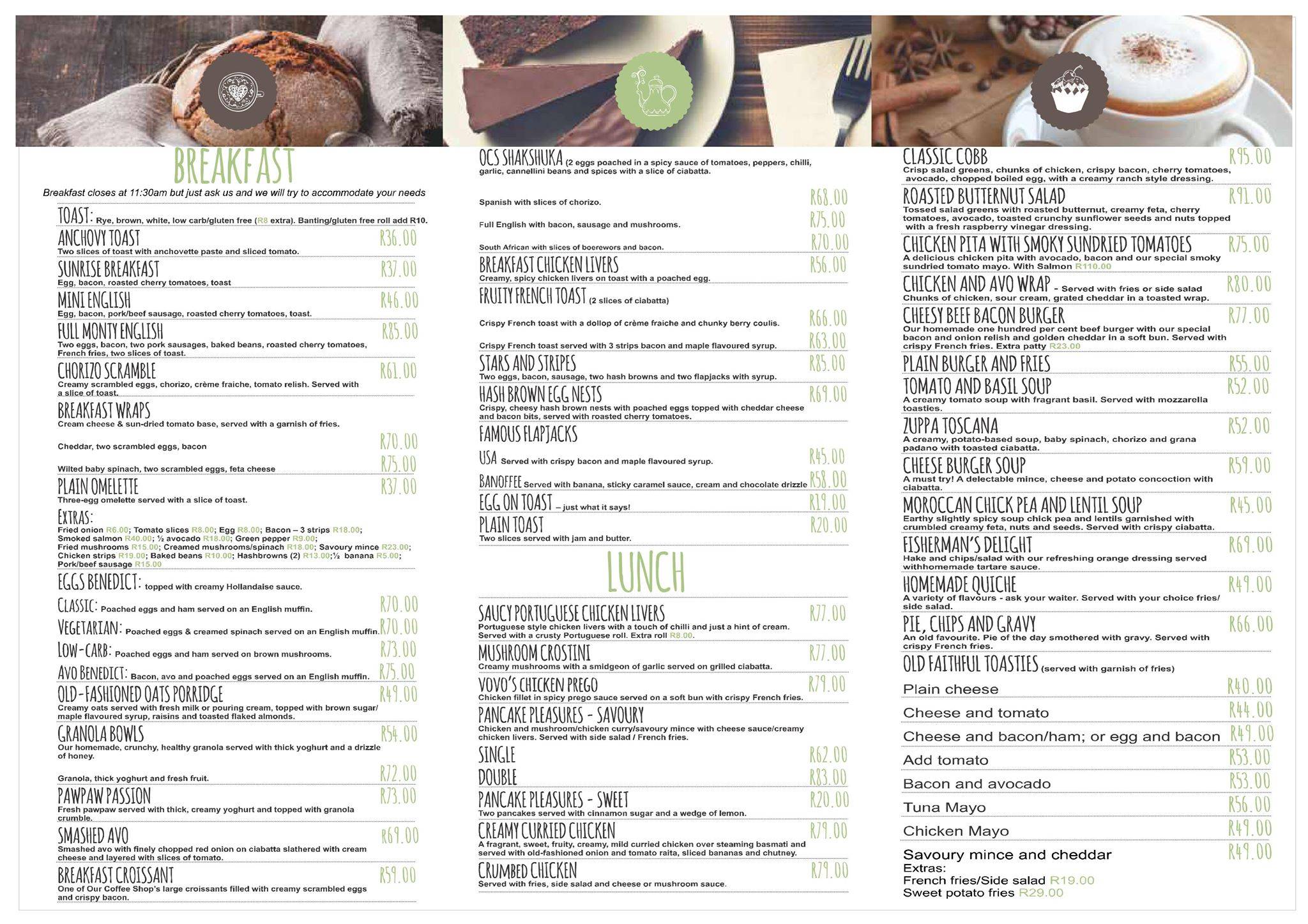 Menu au Our Coffee Shop restaurant, Roodepoort