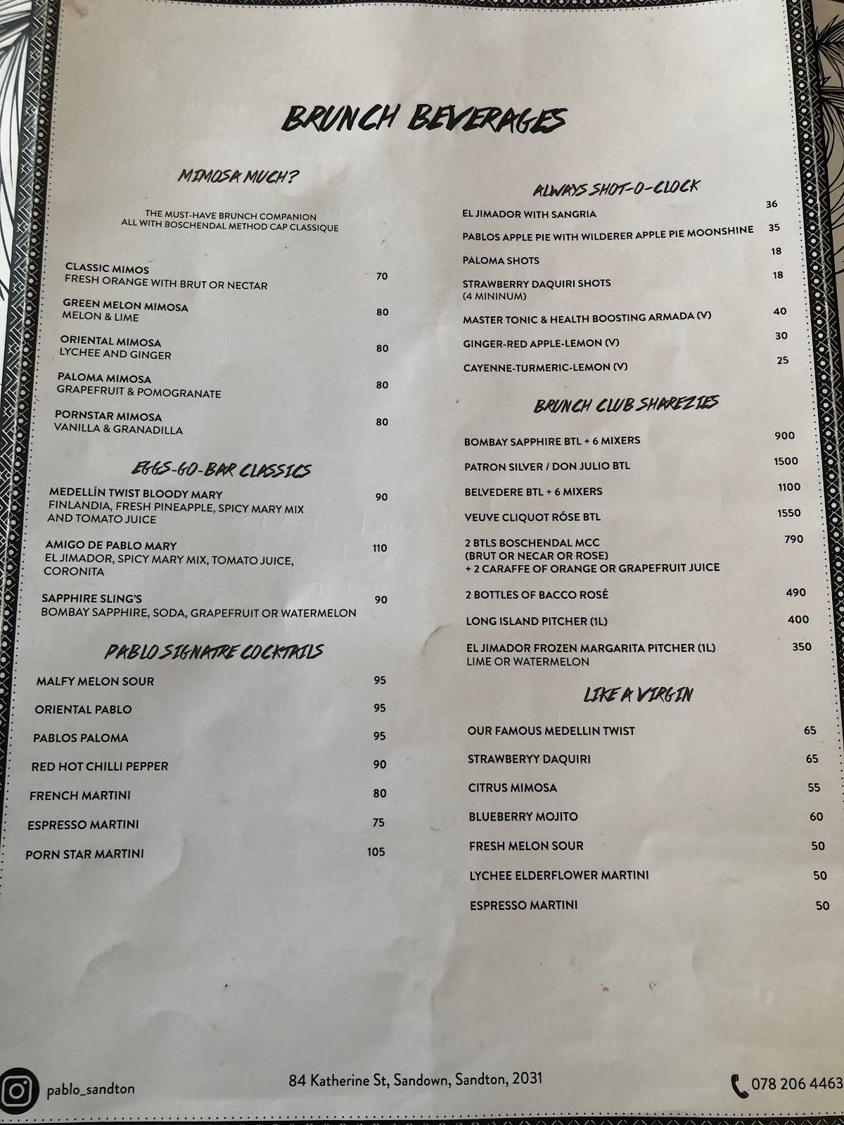 Menu at PABLO Sandton Restaurant, Sandton