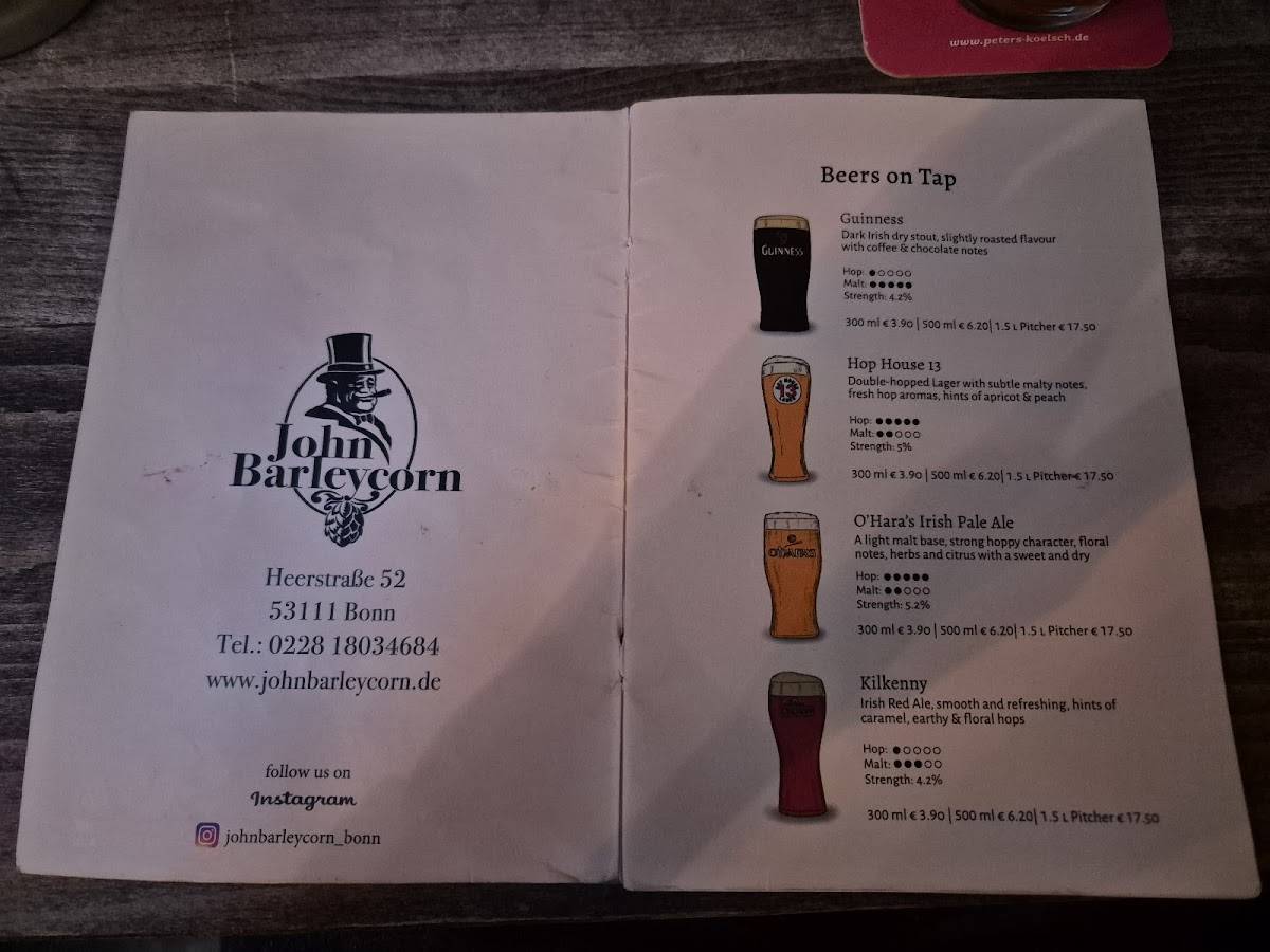 Speisekarte von John Barleycorn, Bonn