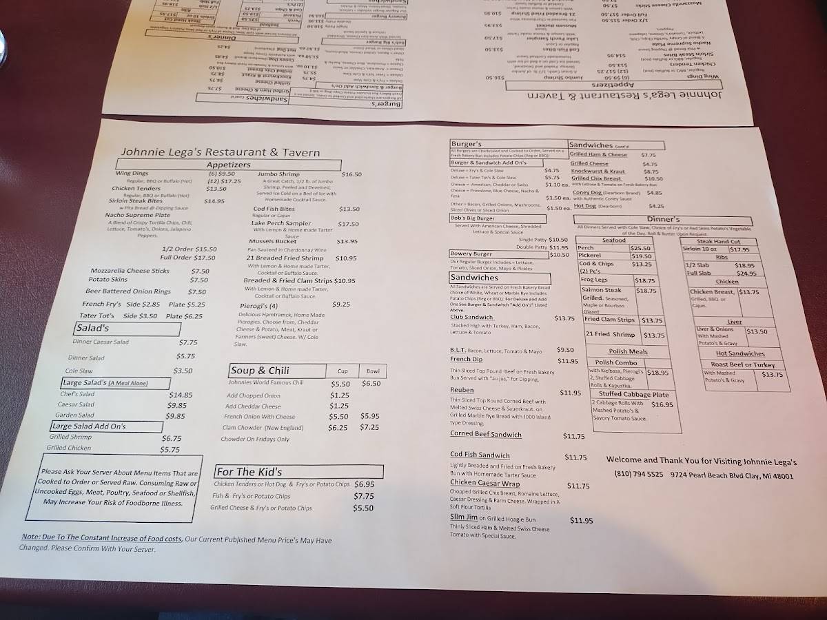 Menu at Johnnie Lega's Restaurant & Tavern, Clay Township