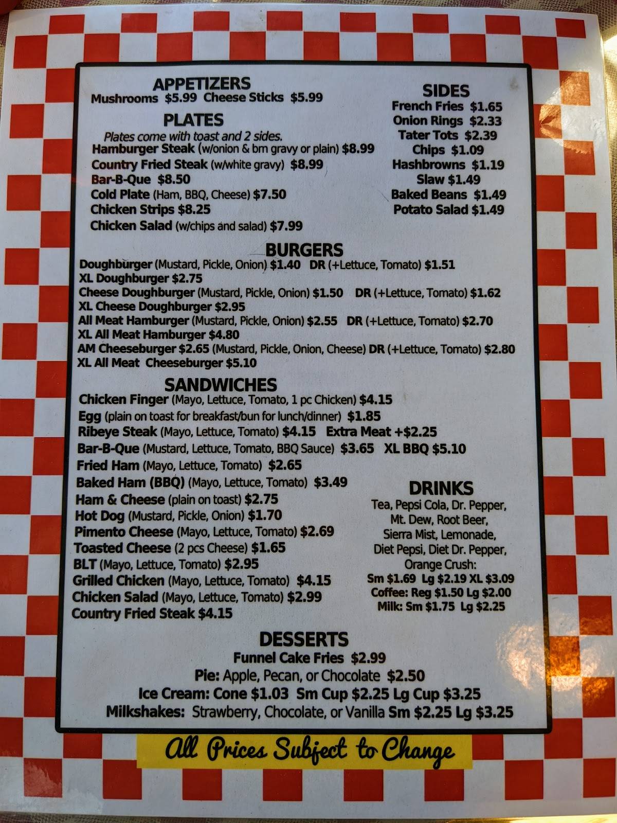 Menu at Johnnie's Drive In BBQ, Tupelo