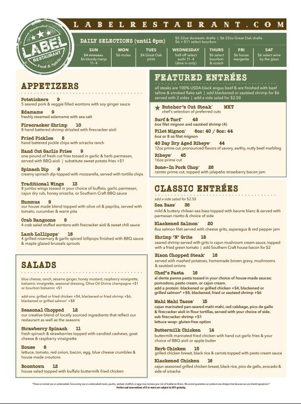 Menu at Label Restaurant, Johnson City