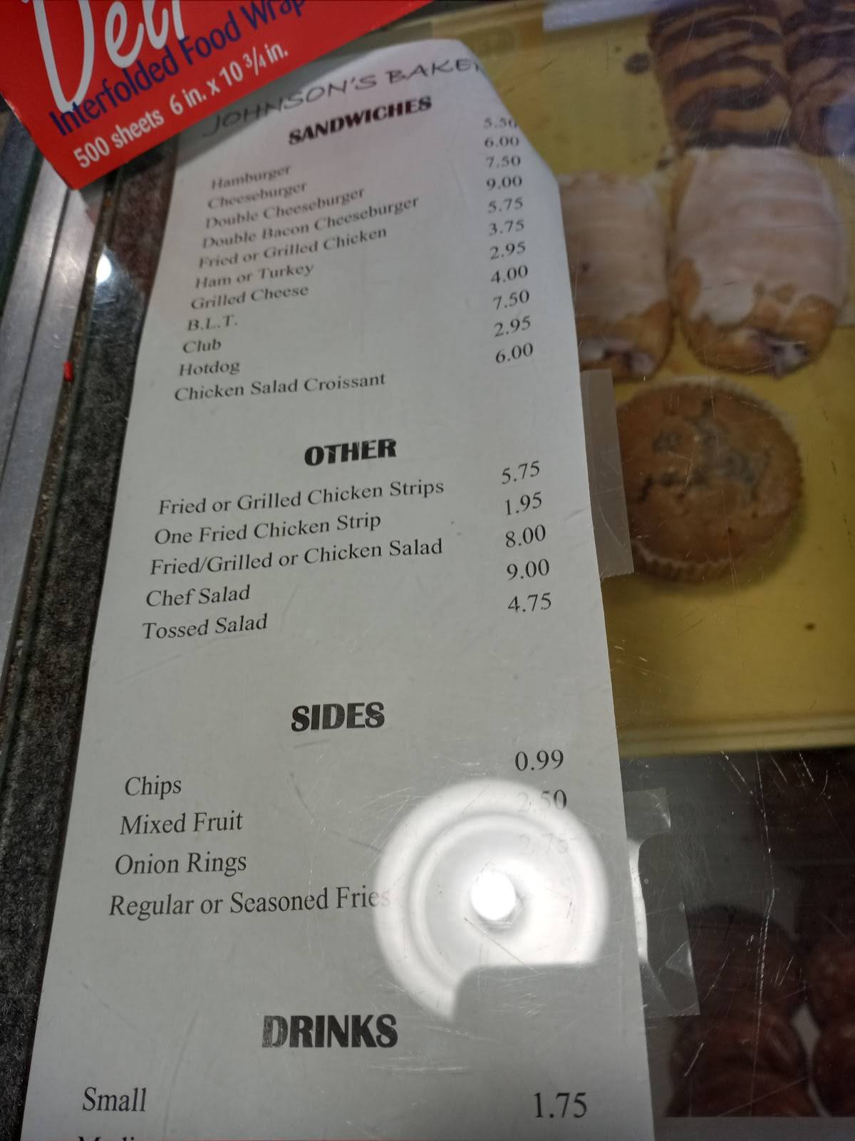 Menu at Johnson's Bakery, Perry