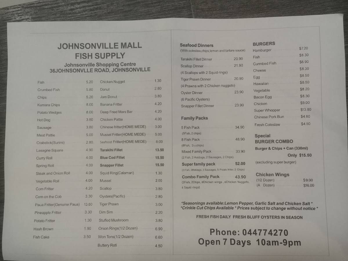 Menu at Johnsonville Mall Fish Supply restaurant, Wellington