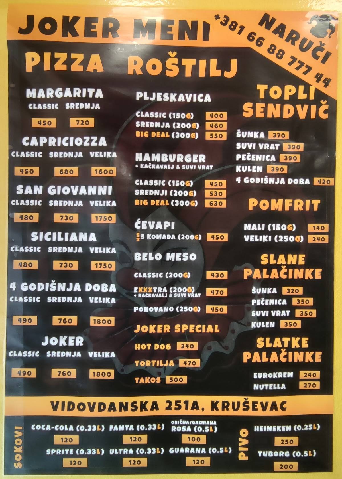 Menu at Joker Food restaurant, Kruševac