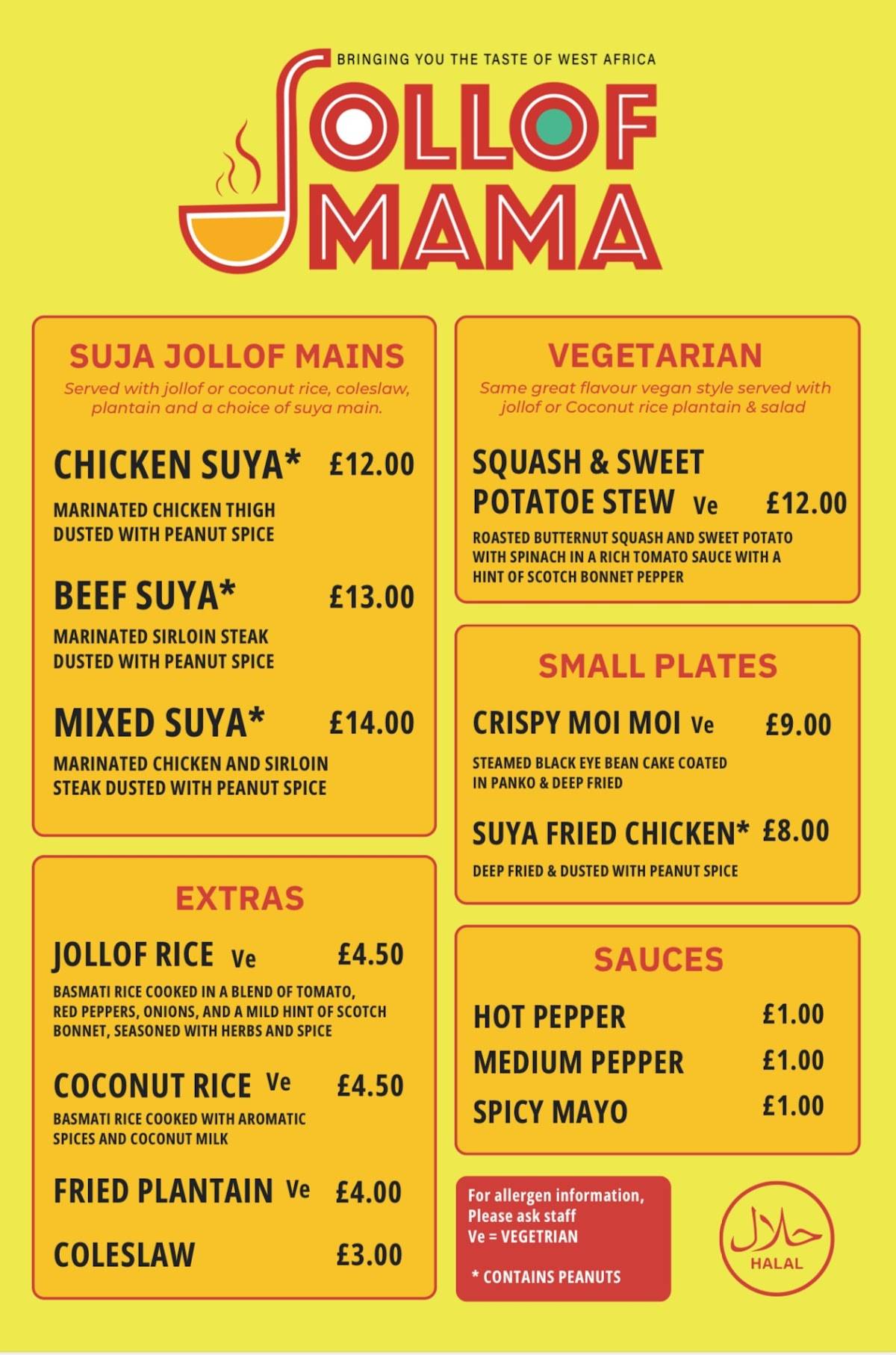 Menu at Jollof Mama restaurant, London