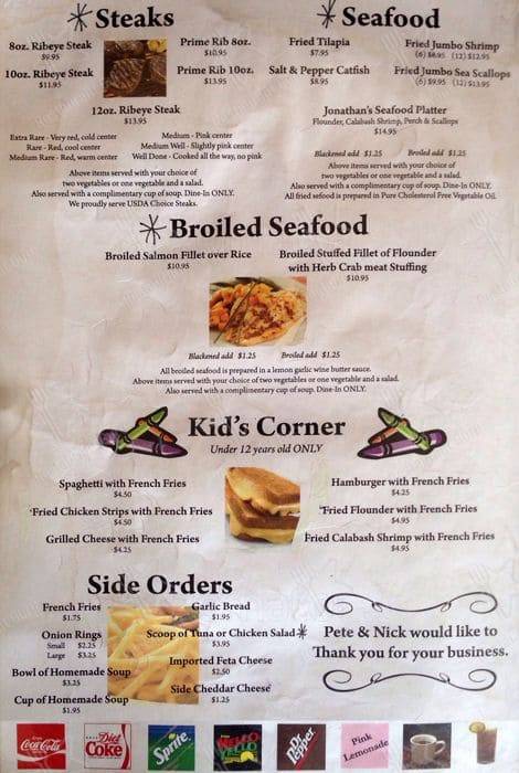 Menu at Jonathan's restaurant, Matthews