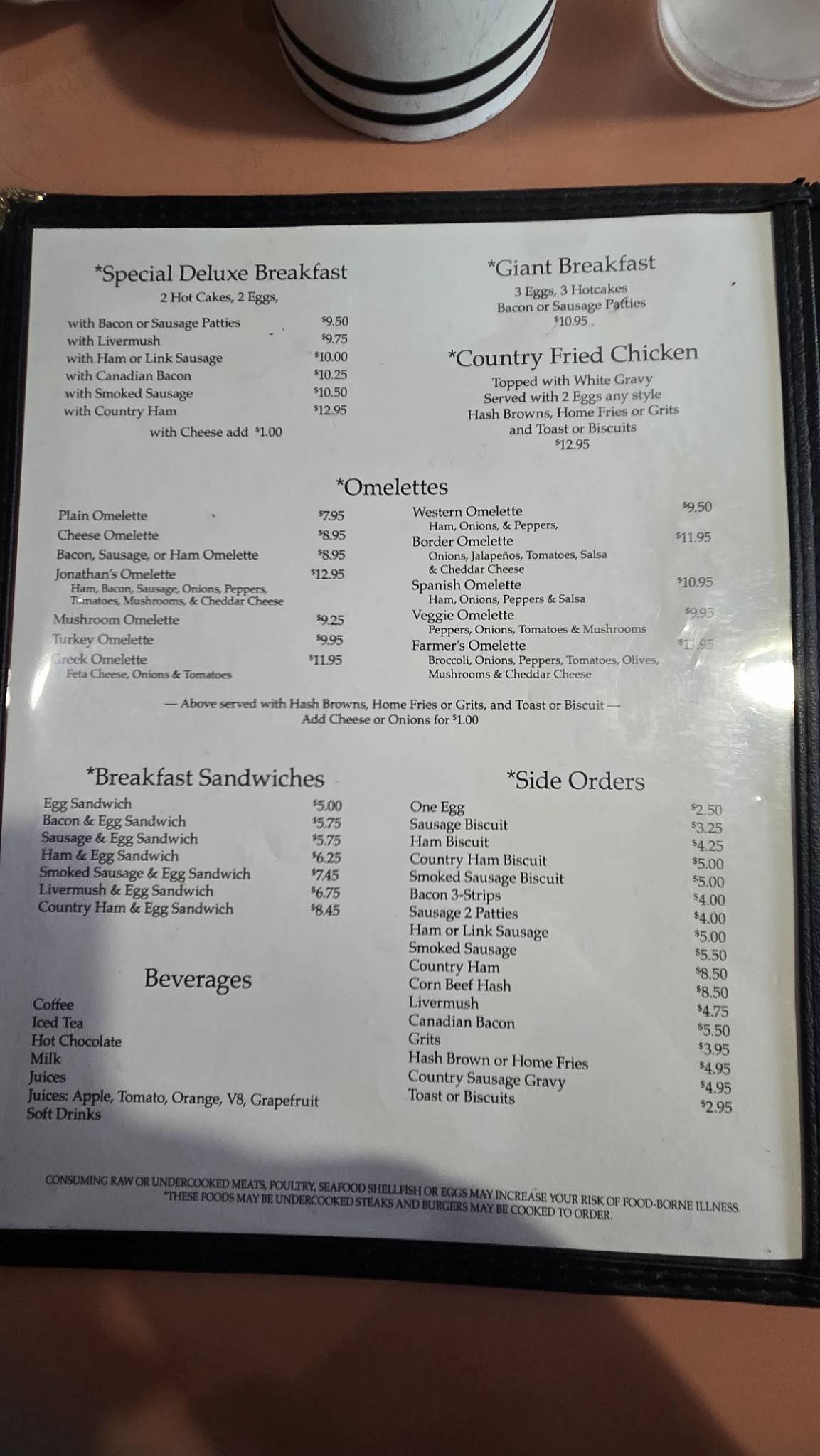 Menu at Jonathan's restaurant, Matthews