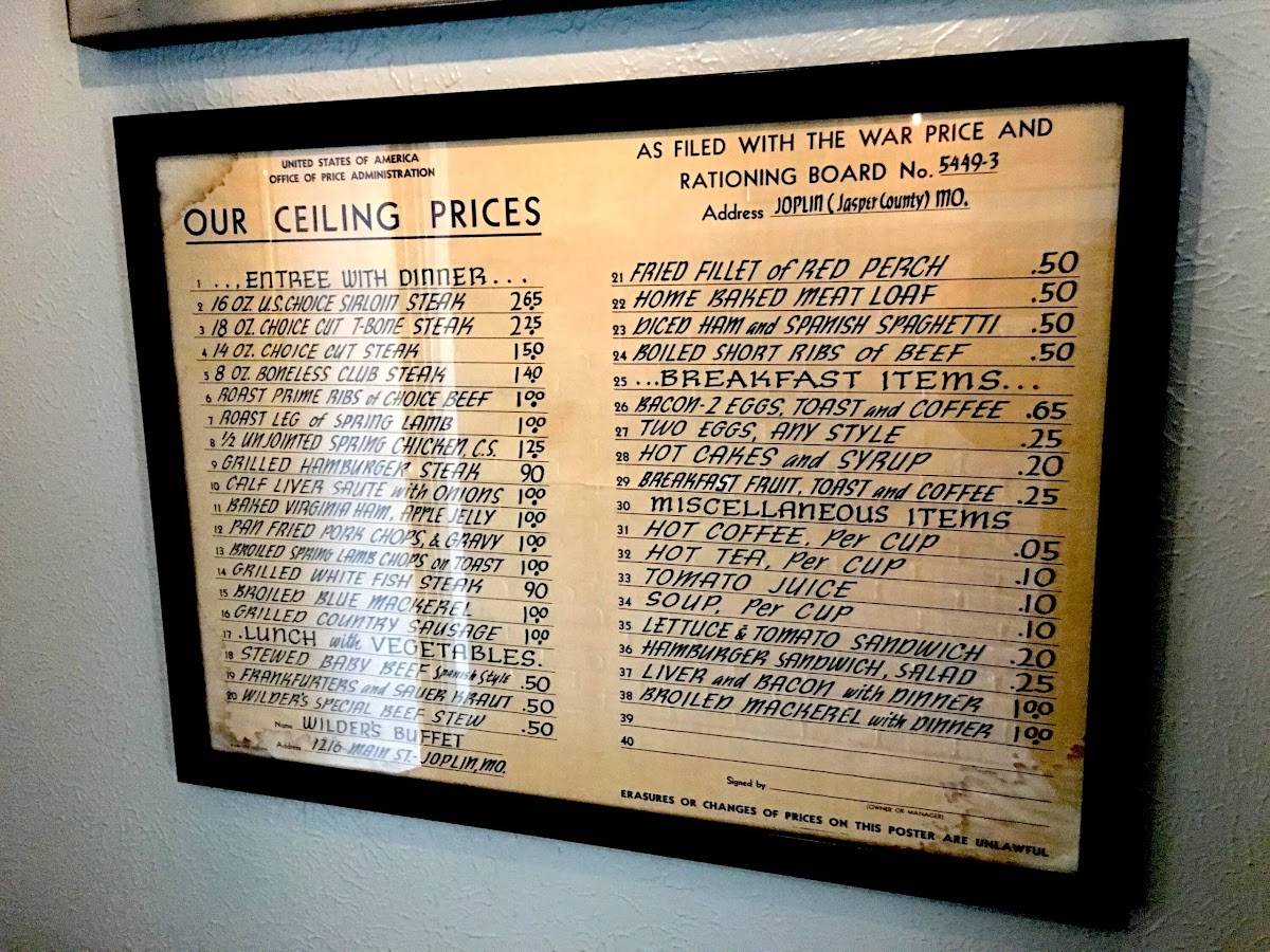 Menu at Wilder's Steakhouse, Joplin