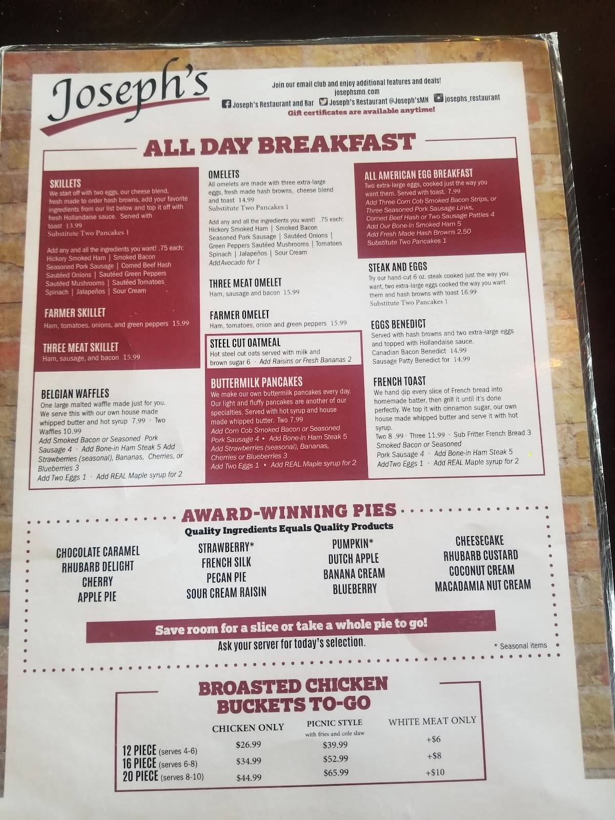 Menu at Joseph's Family Restaurant, Stillwater