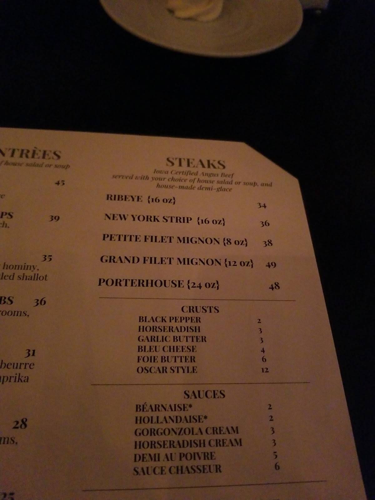 Menu at Joseph's Steakhouse, Iowa City