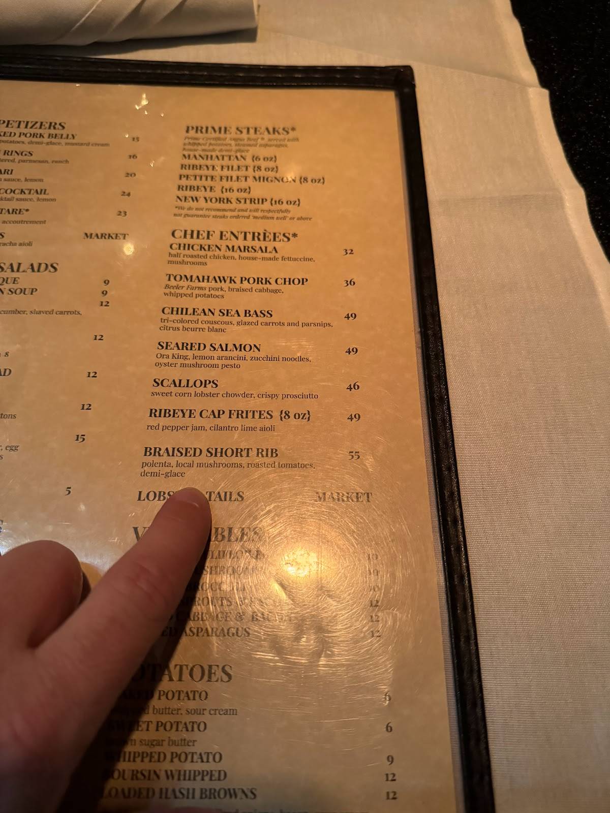 Menu at Joseph's Steakhouse, Iowa City
