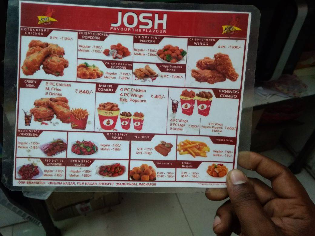 Menu at Josh Chicken Snacks., Hyderabad