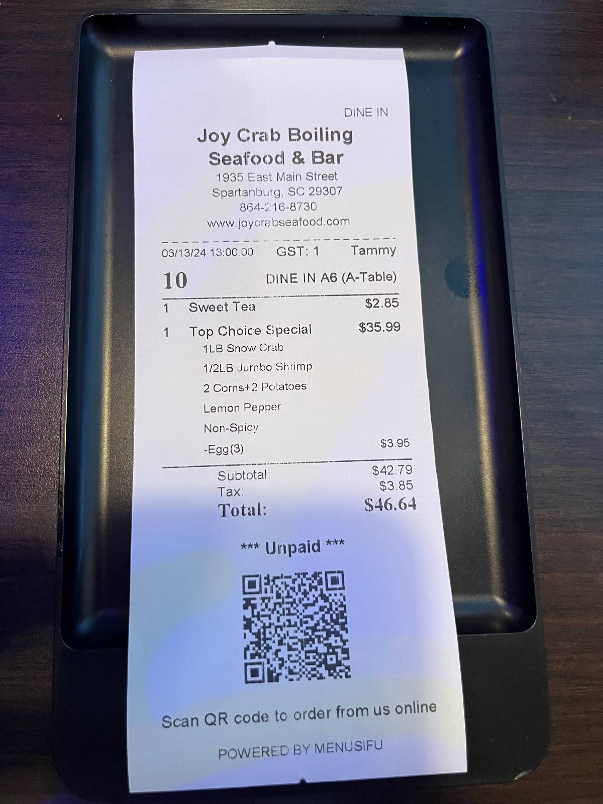 Menu at Joy Crab Cajun Seafood & Bar, Spartanburg