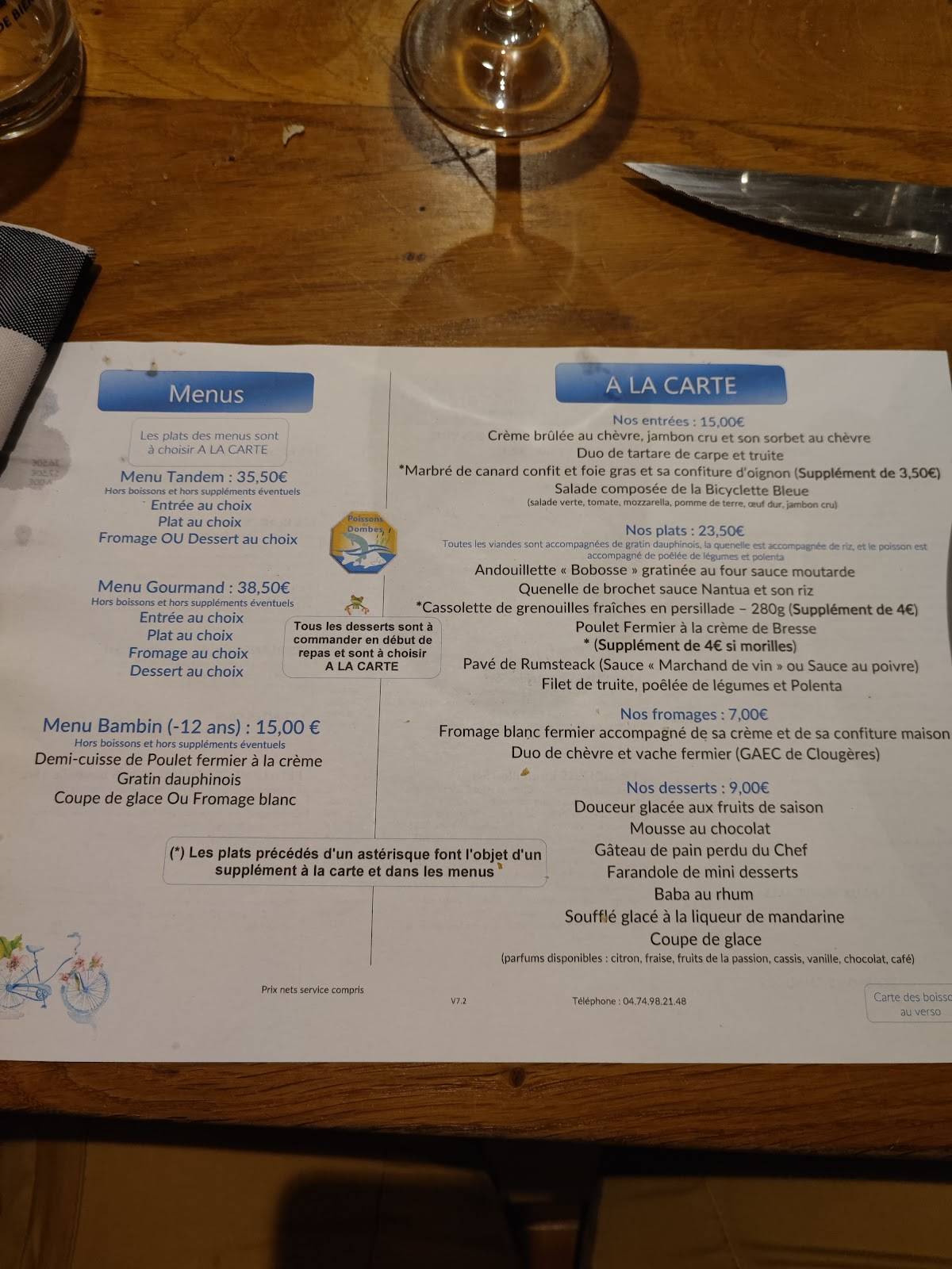 Menu at LA BICYCLETTE BLEUE Restaurant, Joyeux, 93 route du Montellier