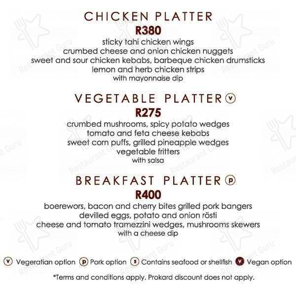 Menu at Judges Bar, Bloemfontein