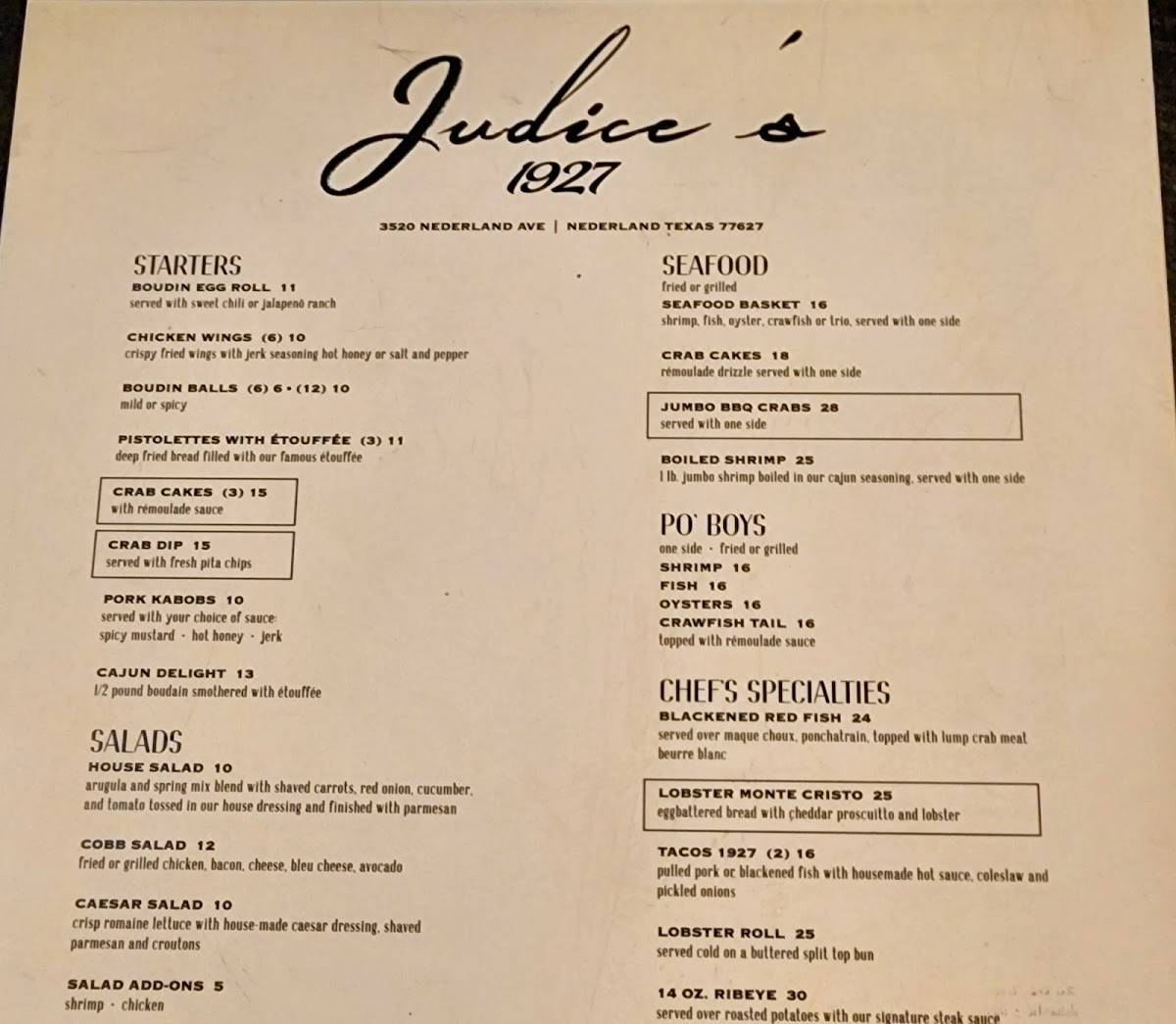 Menu at Judices 1927 pub & bar, Nederland
