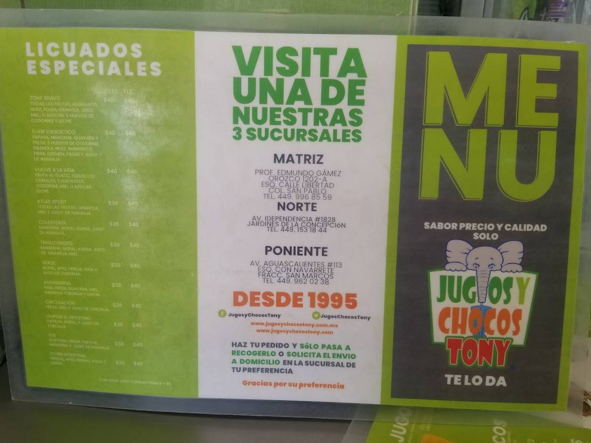 Carta del pub y bar Jugos y Chocos Tony, Aguascalientes, Profesor ...