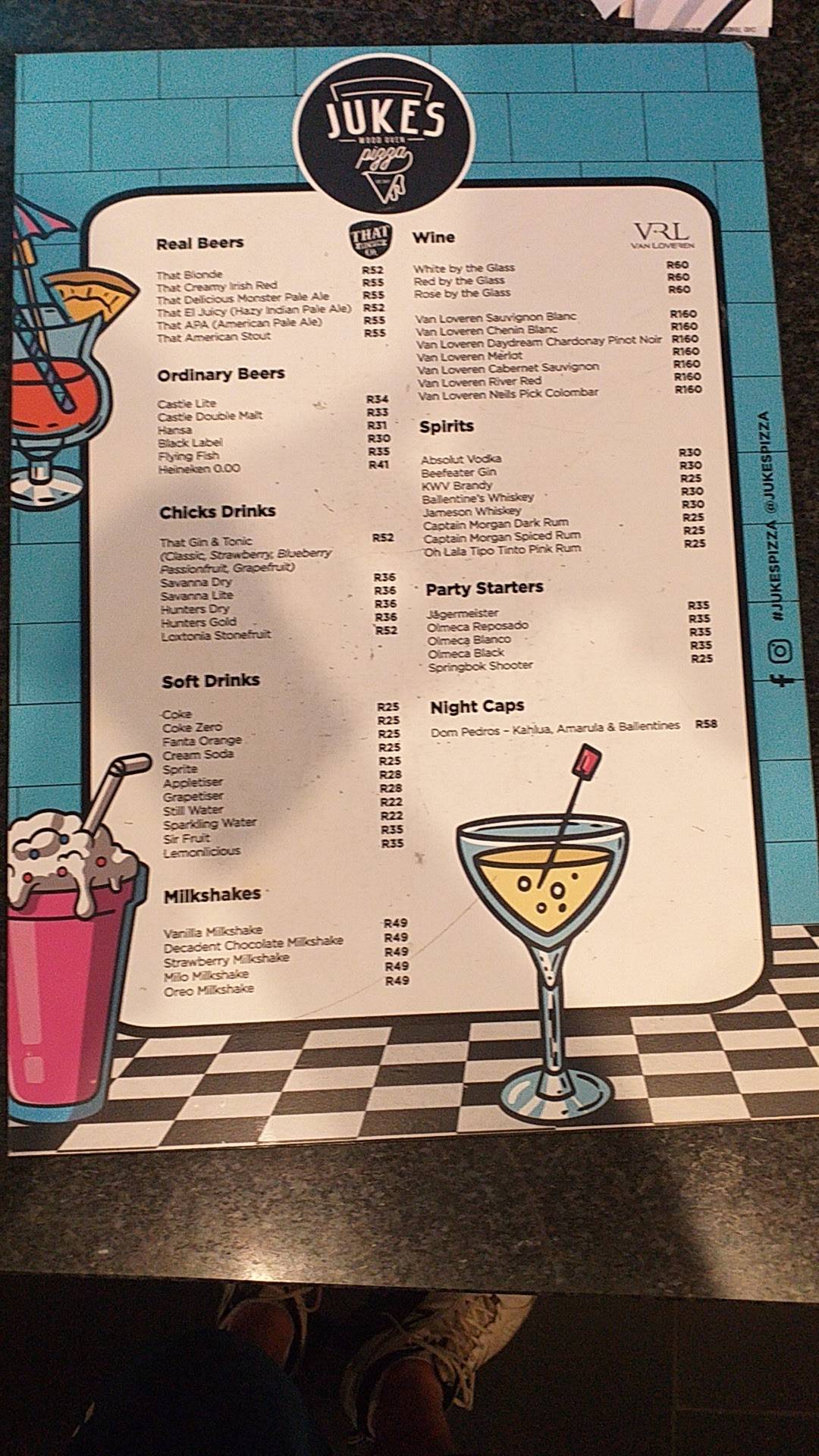 Menu at Jukes Pizza restaurant, Durban