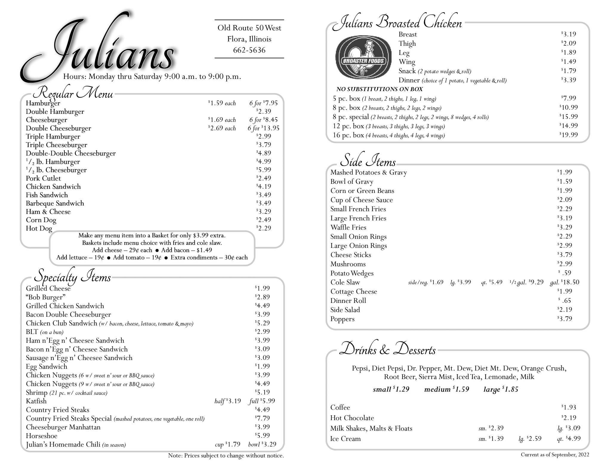 Menu at Julians Drive In fast food, Flora