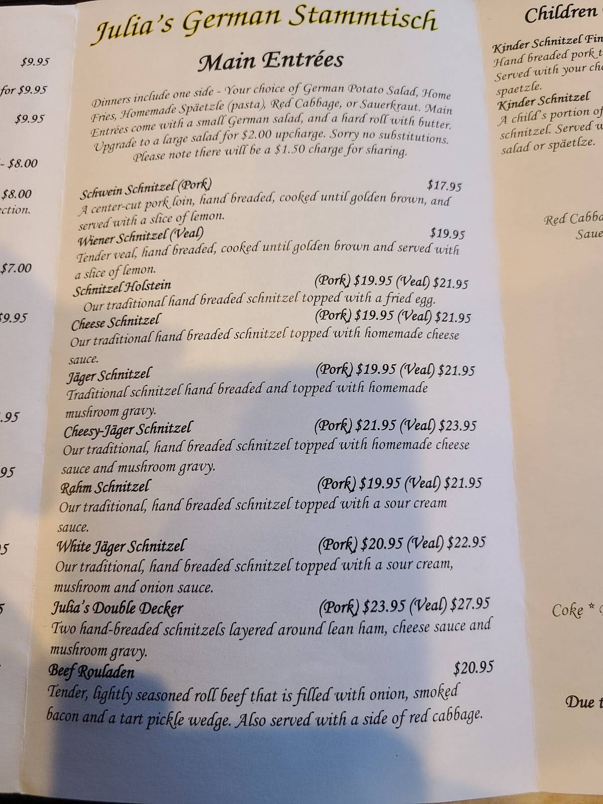 Menu at Julia's German Stammtisch restaurant, Columbia, 120 ...