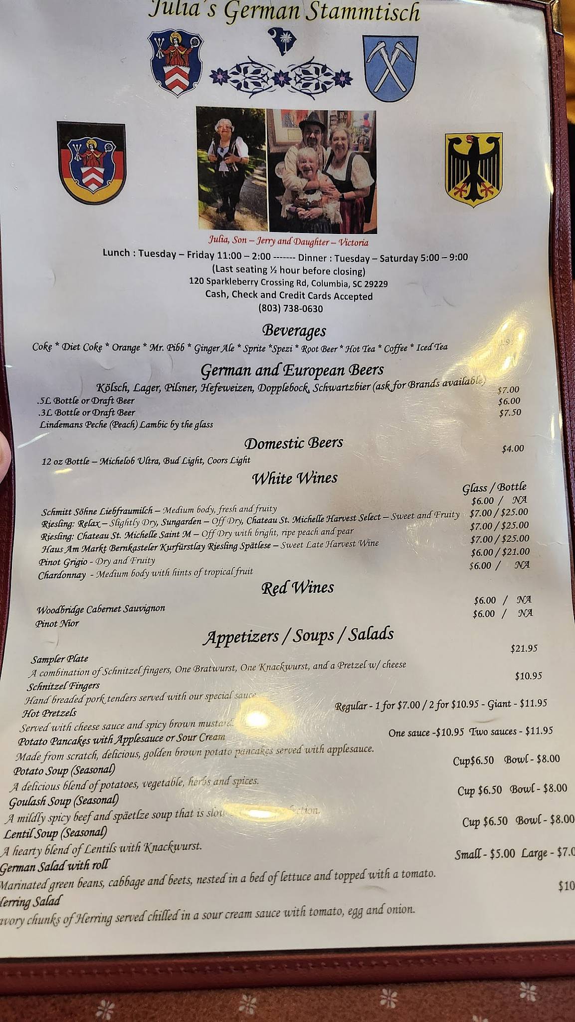 Menu at Julia's German Stammtisch restaurant, Columbia, 120 ...