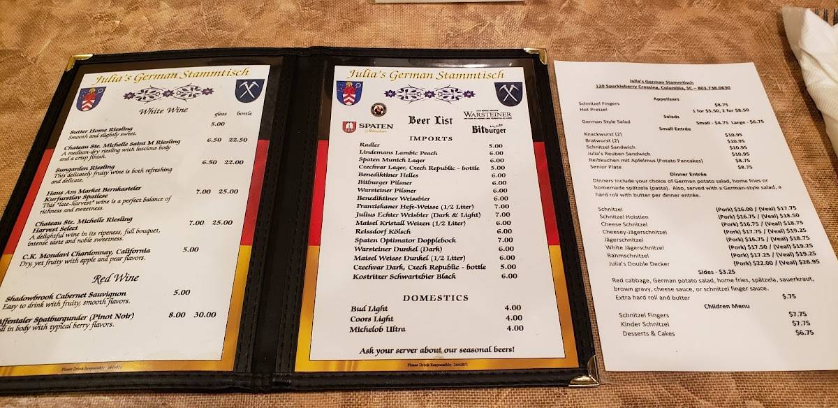 Menu at Julia's German Stammtisch restaurant, Columbia, 120 ...