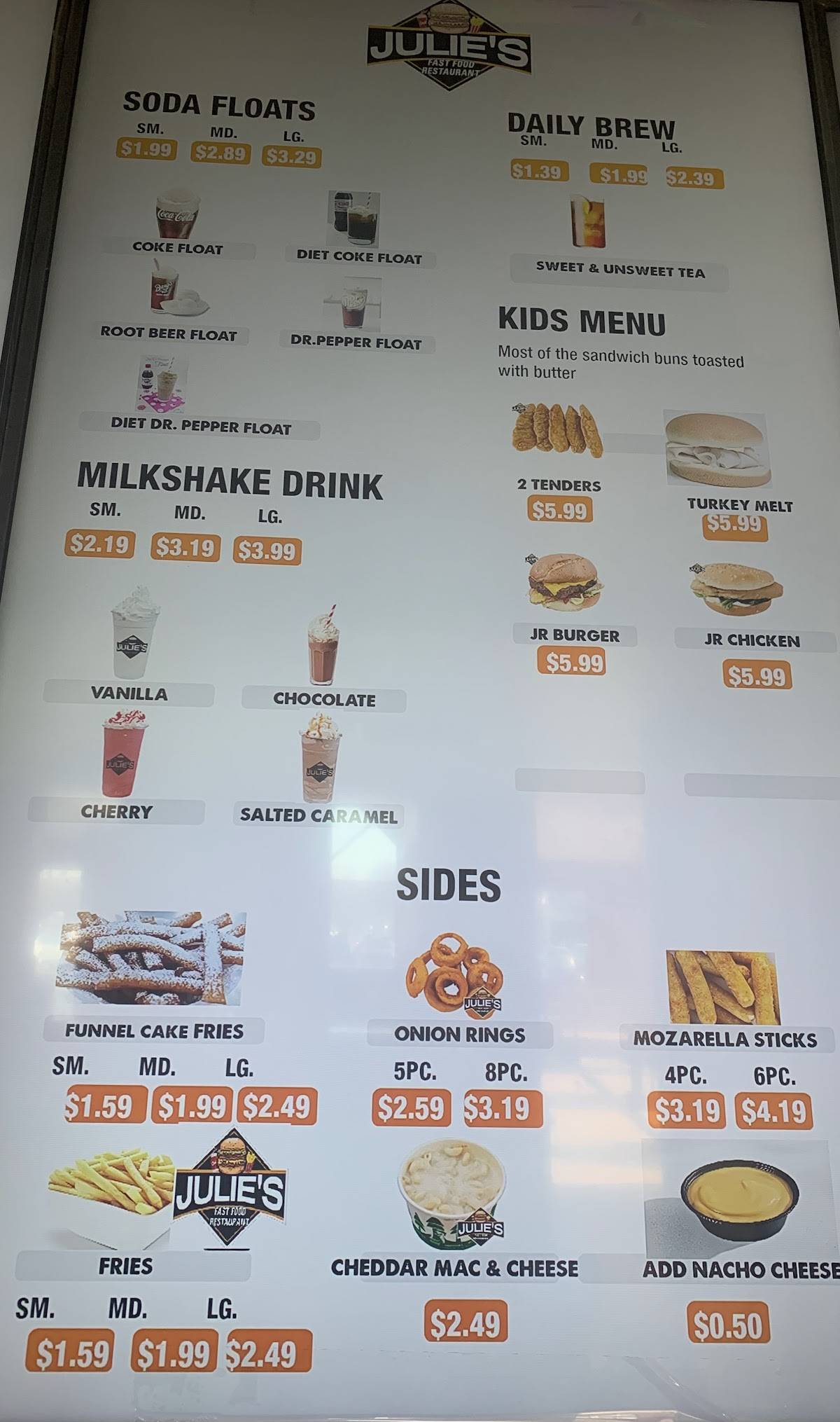 Menu at Julie’s Fast Foods, Sinking Spring