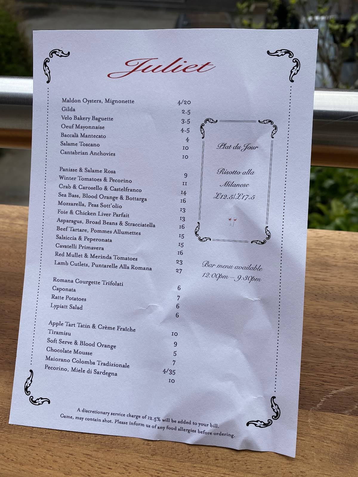 Menu at Juliet restaurant, Stroud