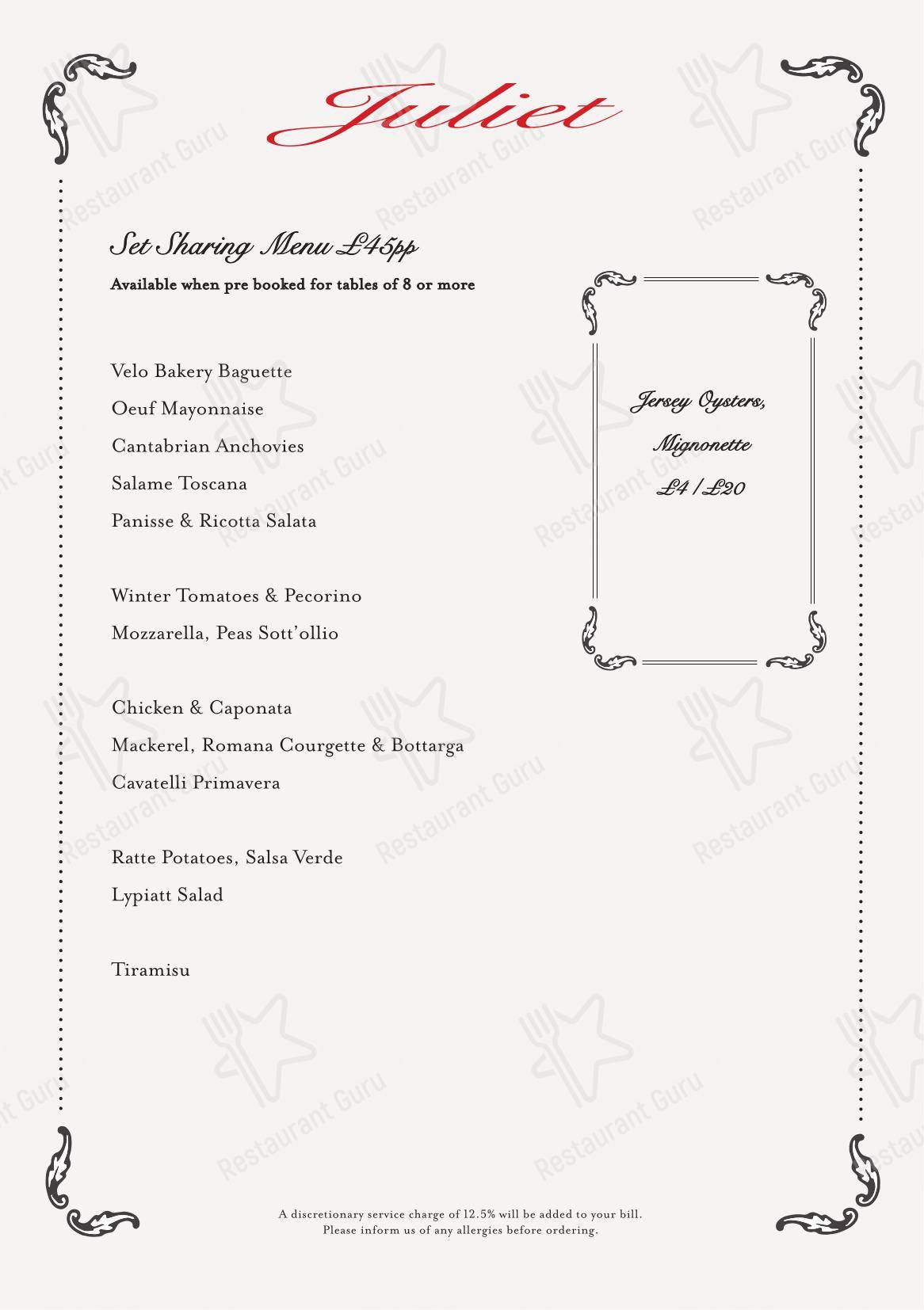 Menu at Juliet restaurant, Stroud